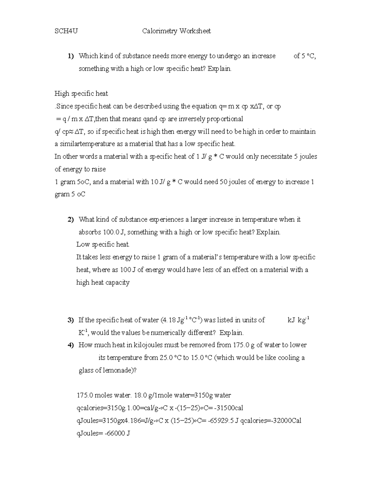 Unit 1 - Activity 9 SCH4U - SCH4U Calorimetry Worksheet Which kind of ...