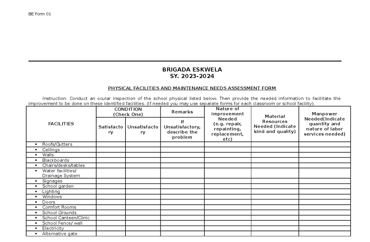 BE Form 1 - Physical Facilities AND Maintenance Needs Assessment FORM ...