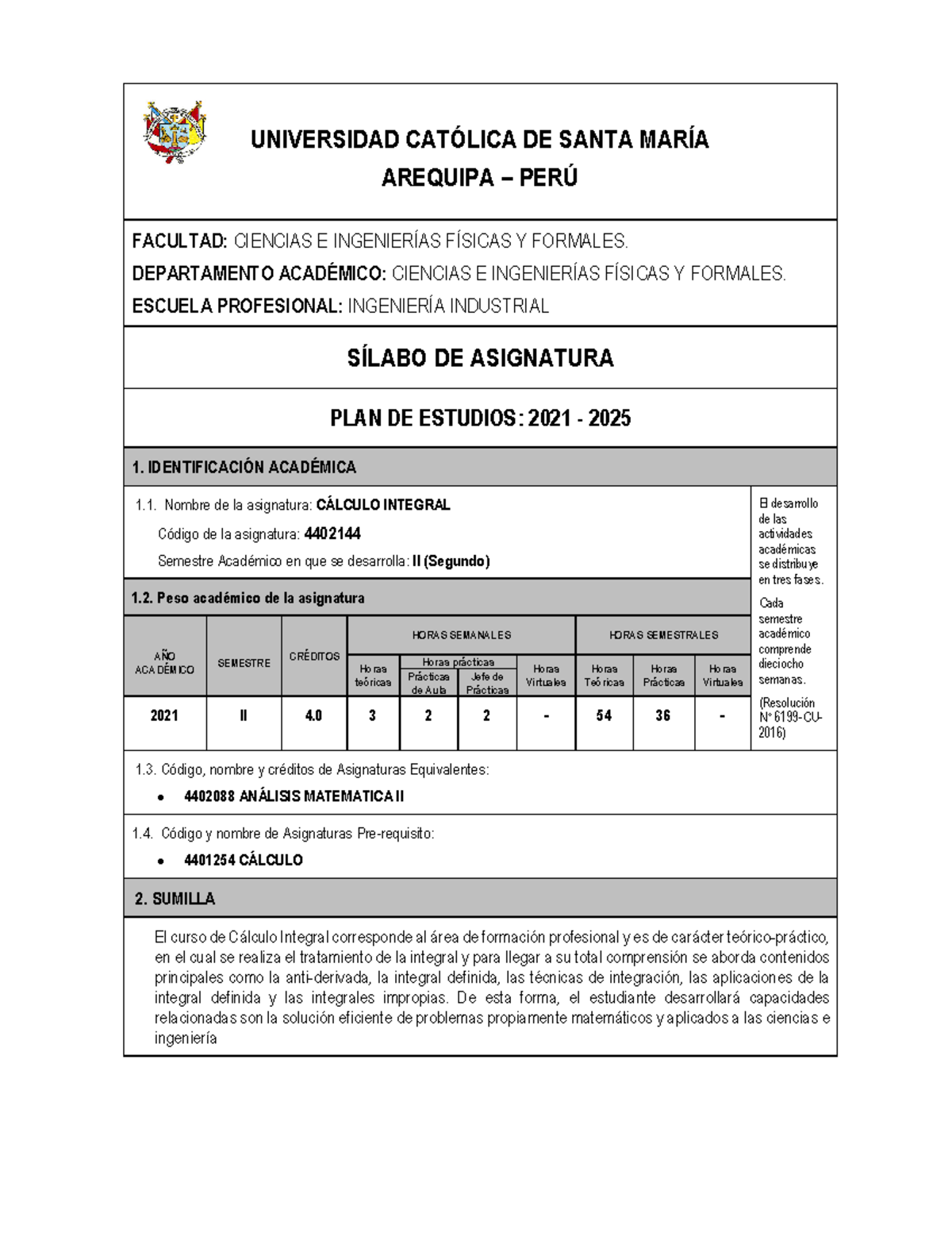 Silabo 2021-II Calculo Integral ING Industrial - UNIVERSIDAD CATÓLICA DE SANTA MARÍA AREQUIPA ...