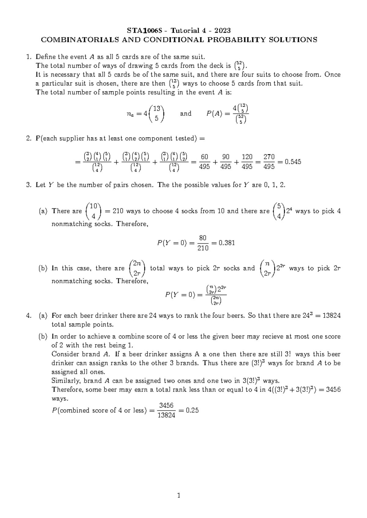 Tutorial 4 - Combinatorials and Conditional Probability 2023 Solutions - STA1006S - Tutorial 4 ...