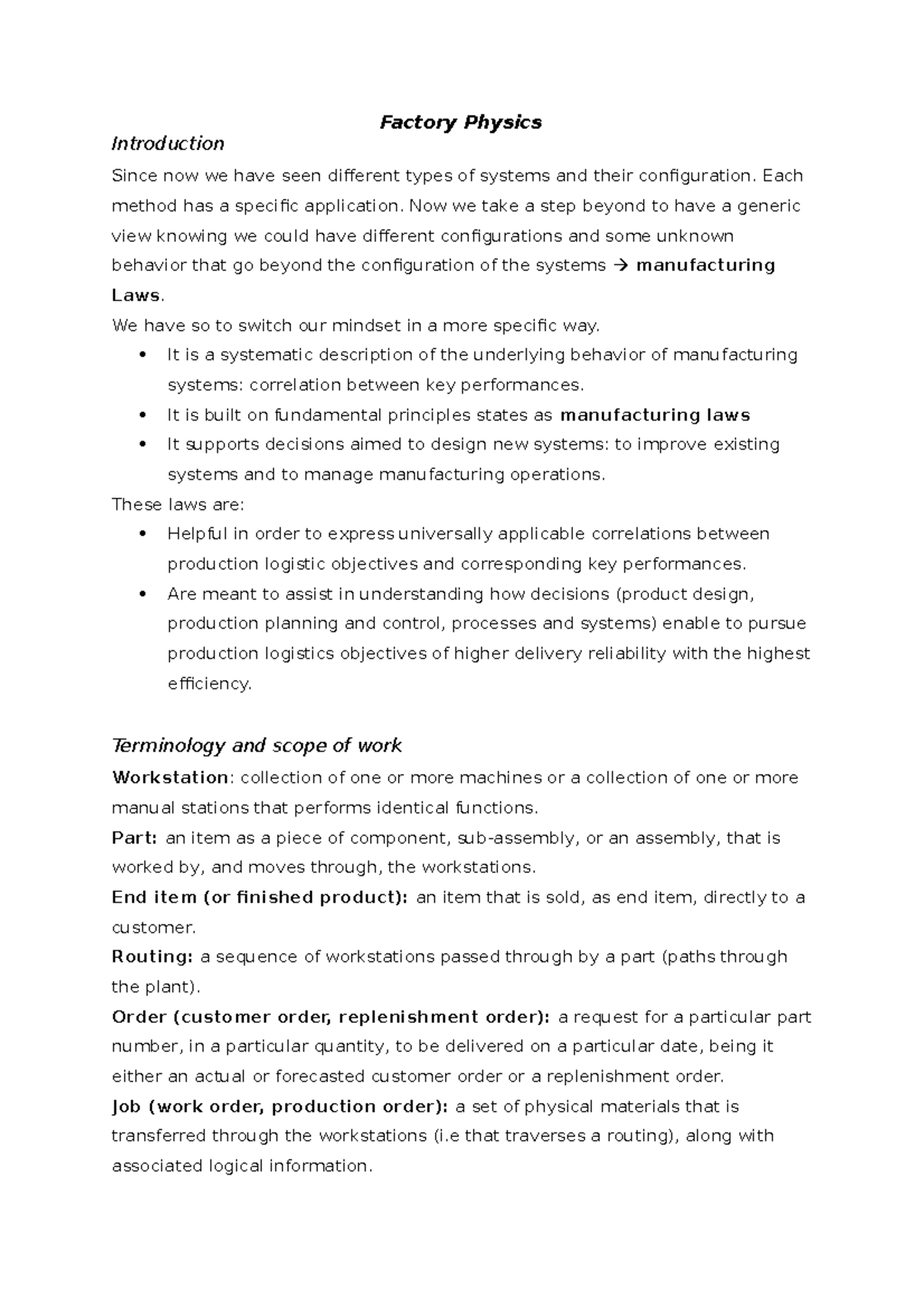 Design of Factory Physics - Factory Physics Introduction Since now we ...