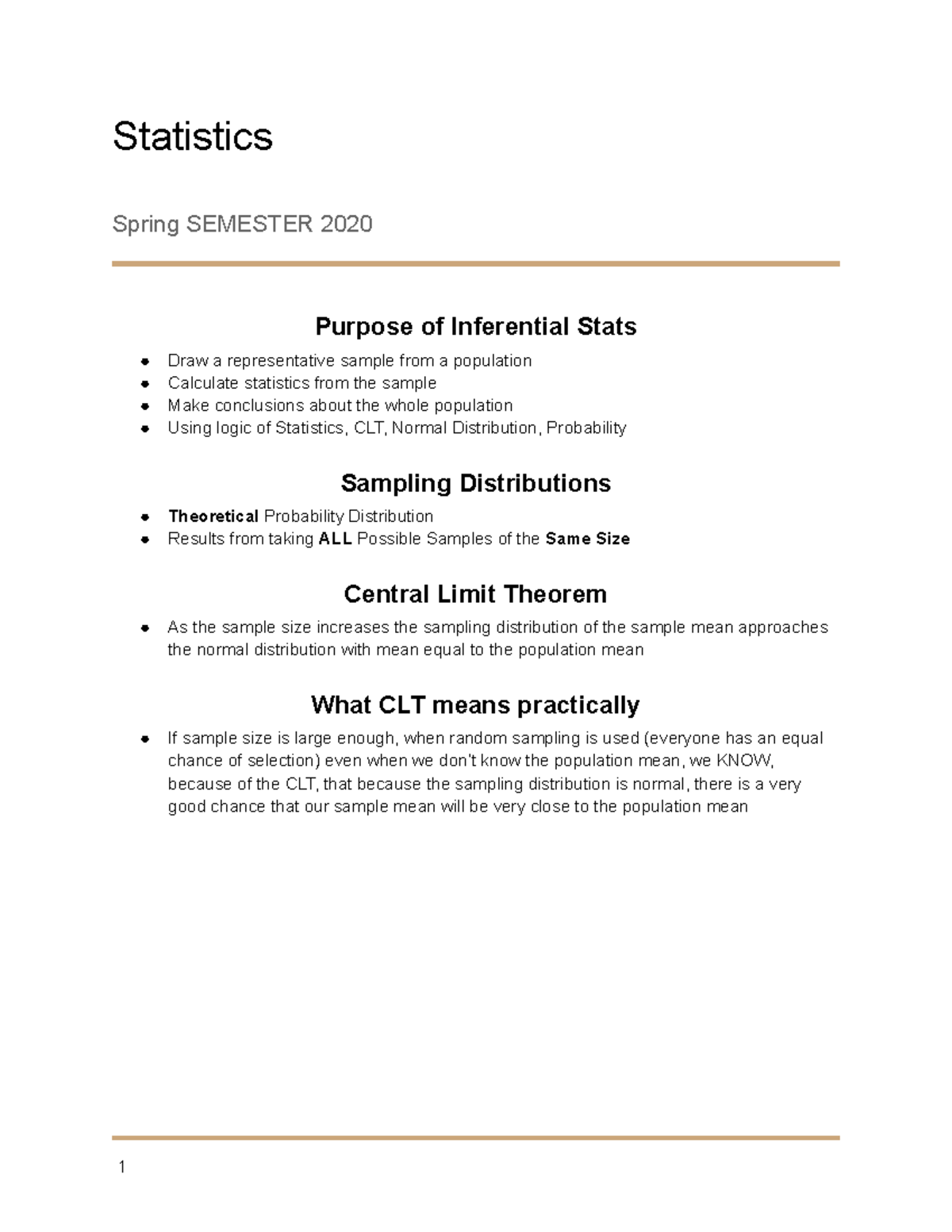 Chapter 6 - NOTES - Statistics Spring SEMESTER 2020 Purpose of ...