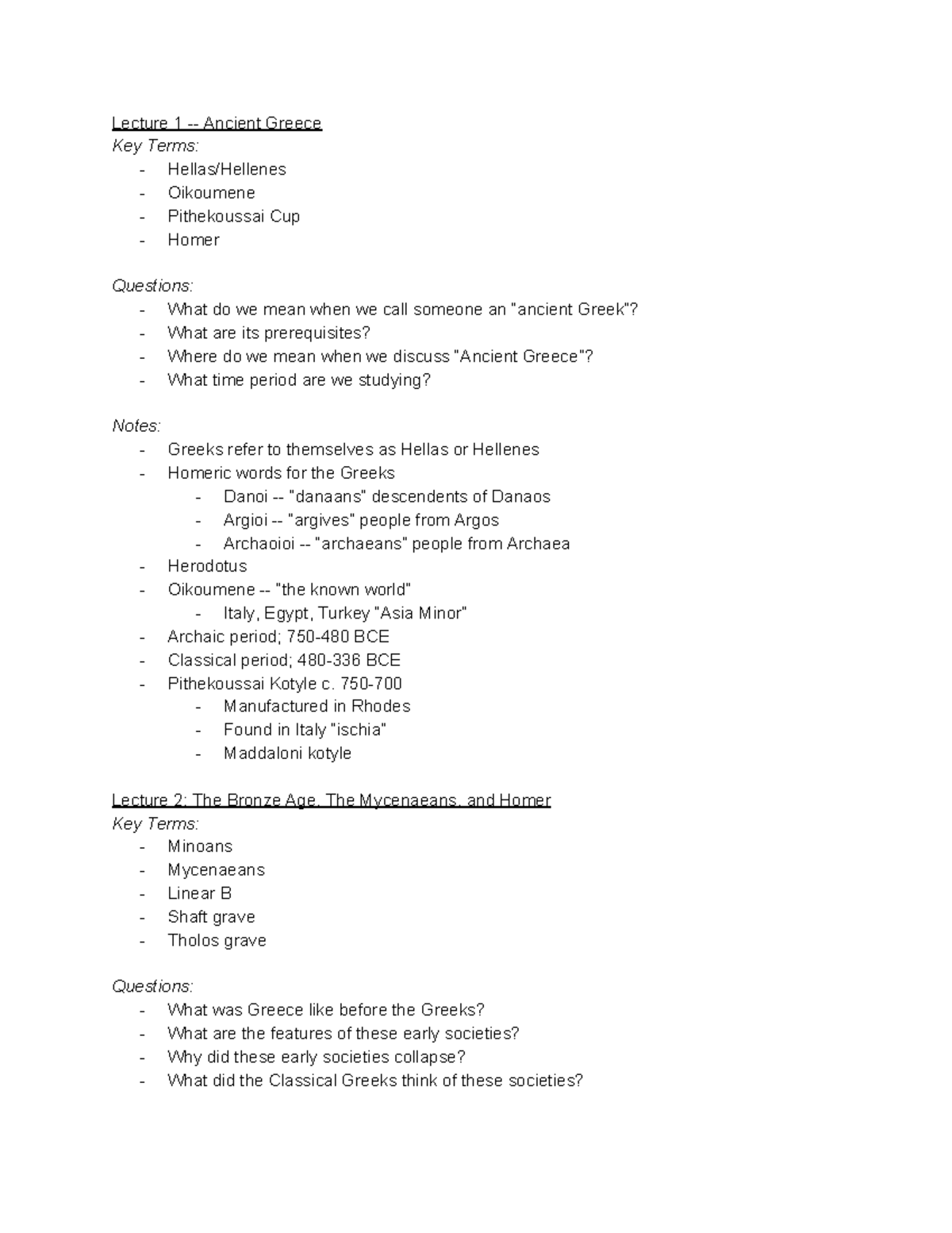 Lecture Notes full term - Lecture 1 - Ancient Greece Key Terms ...