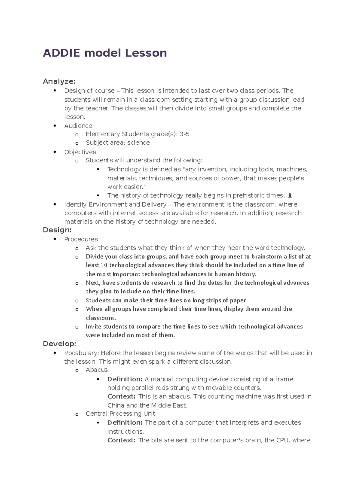 225377169 Addie Model Lesson - ADDIE model Lesson Analyze: Design of ...