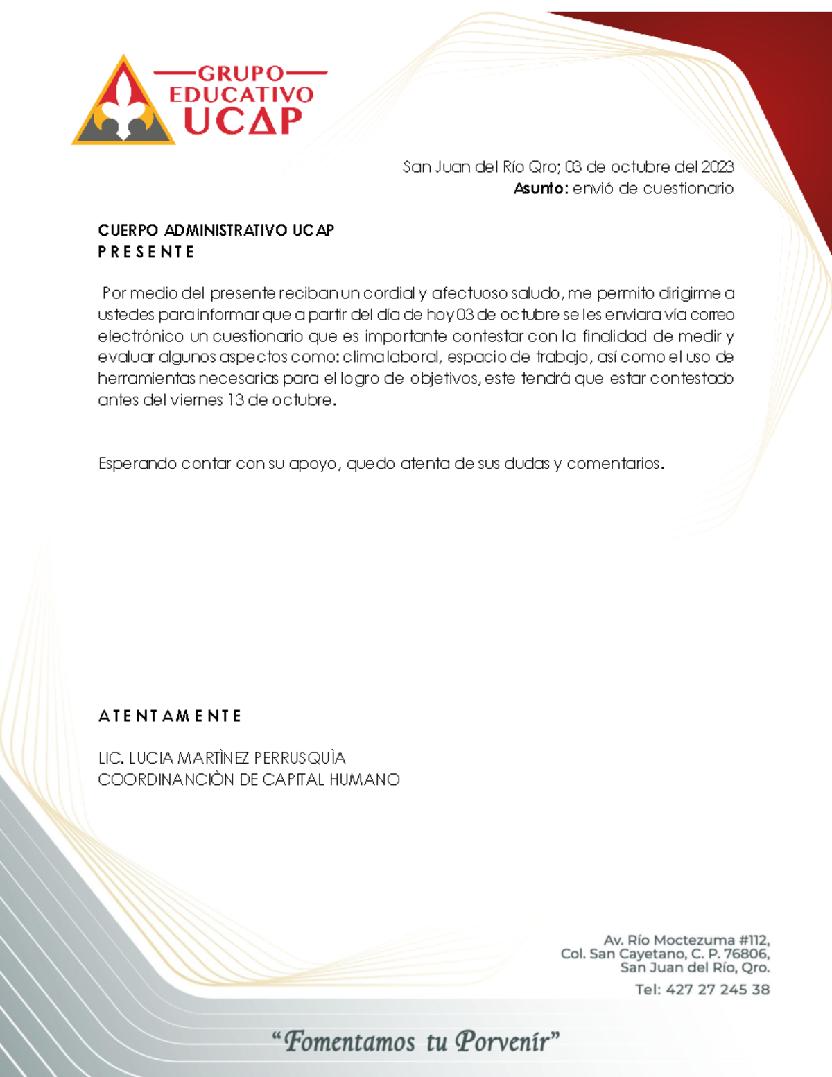 Cuestionario UCAP - Te ayudará a obtener mejores resultados - San Juan del Río Qro; 0 3 de ...