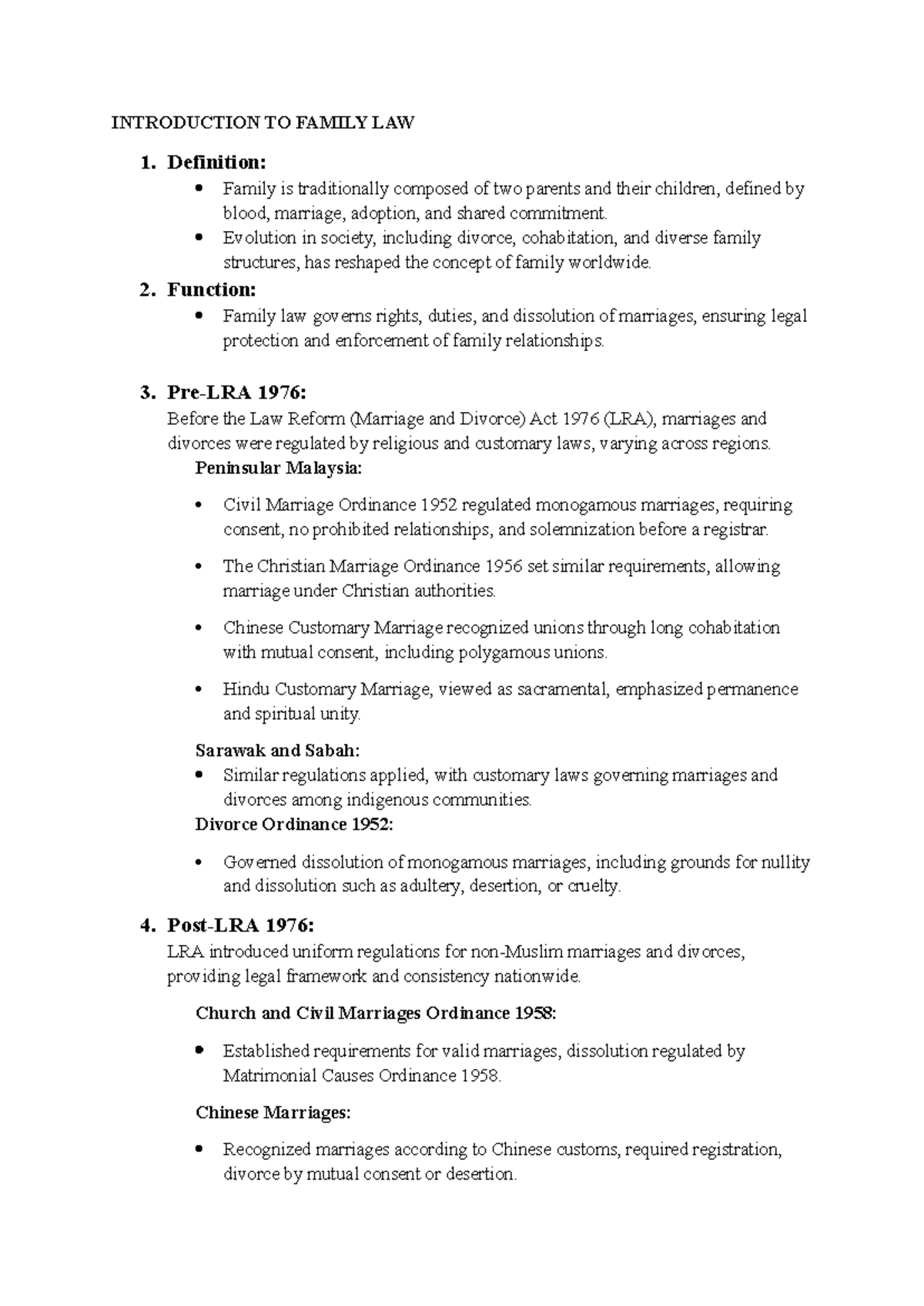 Family LAW Notes - INTRODUCTION TO FAMILY LAW 1. Definition: Family is ...