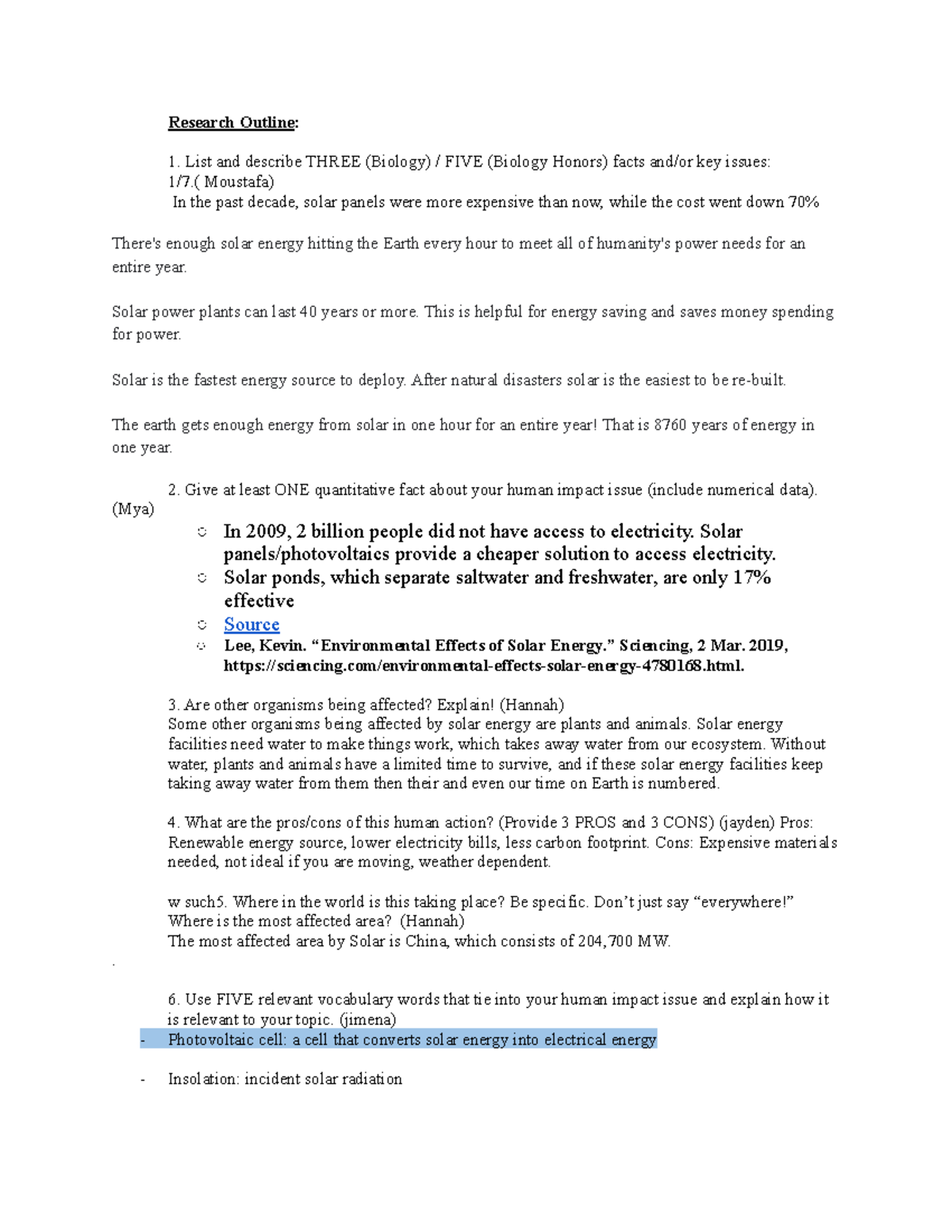 Solar Assignment - Research Outline: List and describe THREE (Biology ...