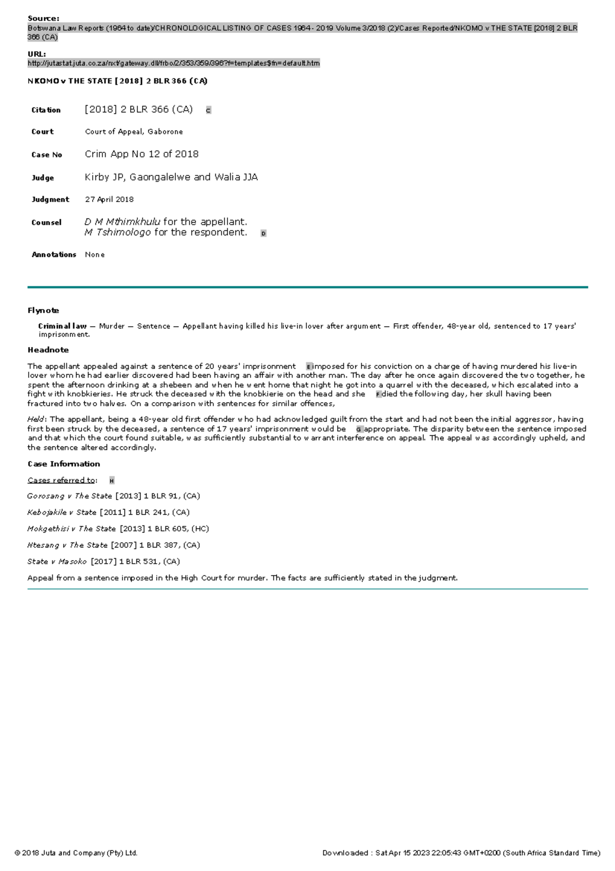 Nkomo v THE State [2018 ] 2 BLR 366 (CA) - Source: Botswana Law Reports ...