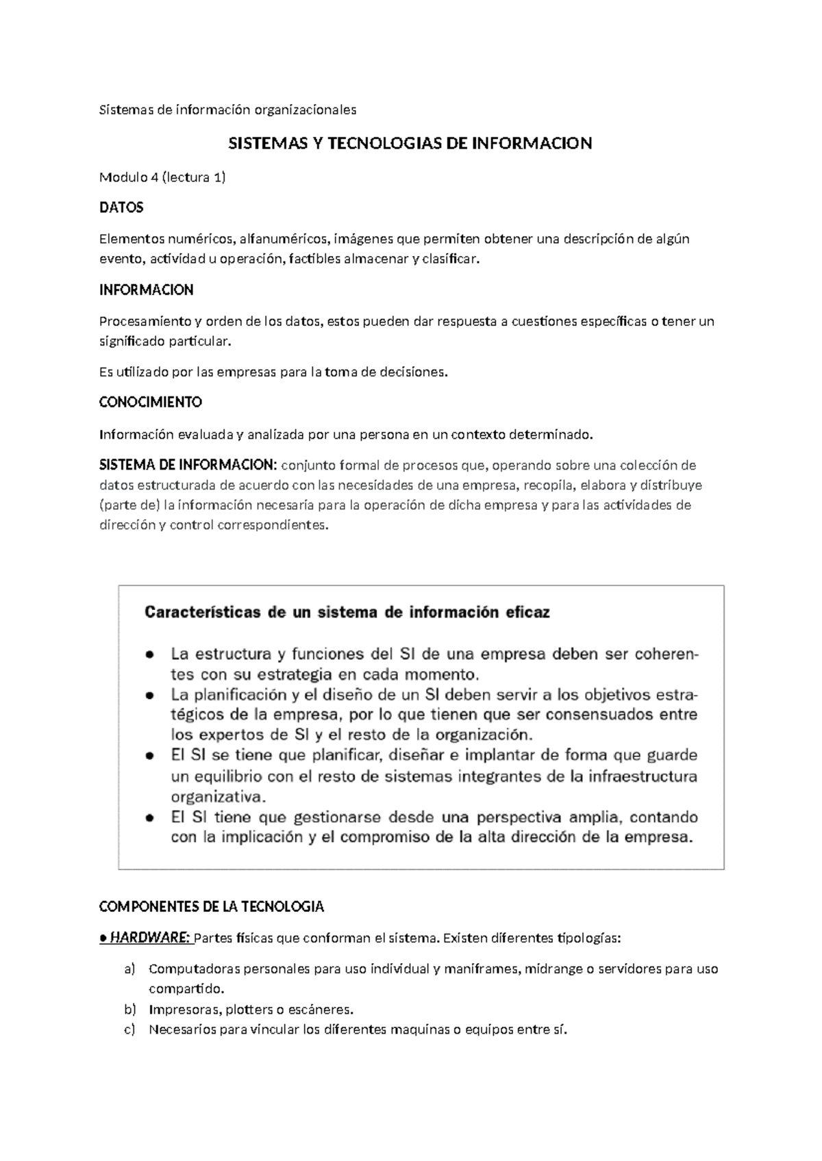 Resumen SIO (modulo 4) - Sistemas de información organizacionales SISTEMAS Y TECNOLOGIAS DE ...