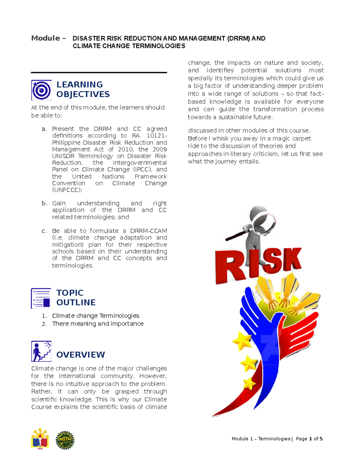 Disaster Risk Management - LEARNING OBJECTIVES At the end of this ...