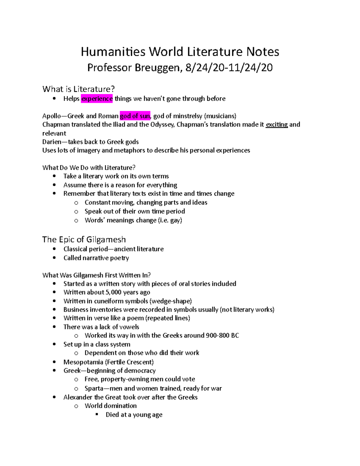 World Lit Notes - Humanities World Literature Notes Professor Breuggen ...