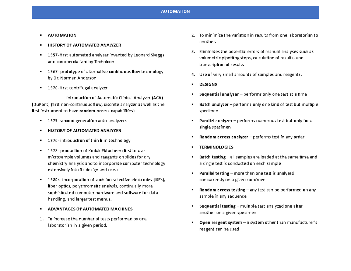 Automation - AUTOMATION AUTOMATION HISTORY OF AUTOMATED ANALYZER first ...