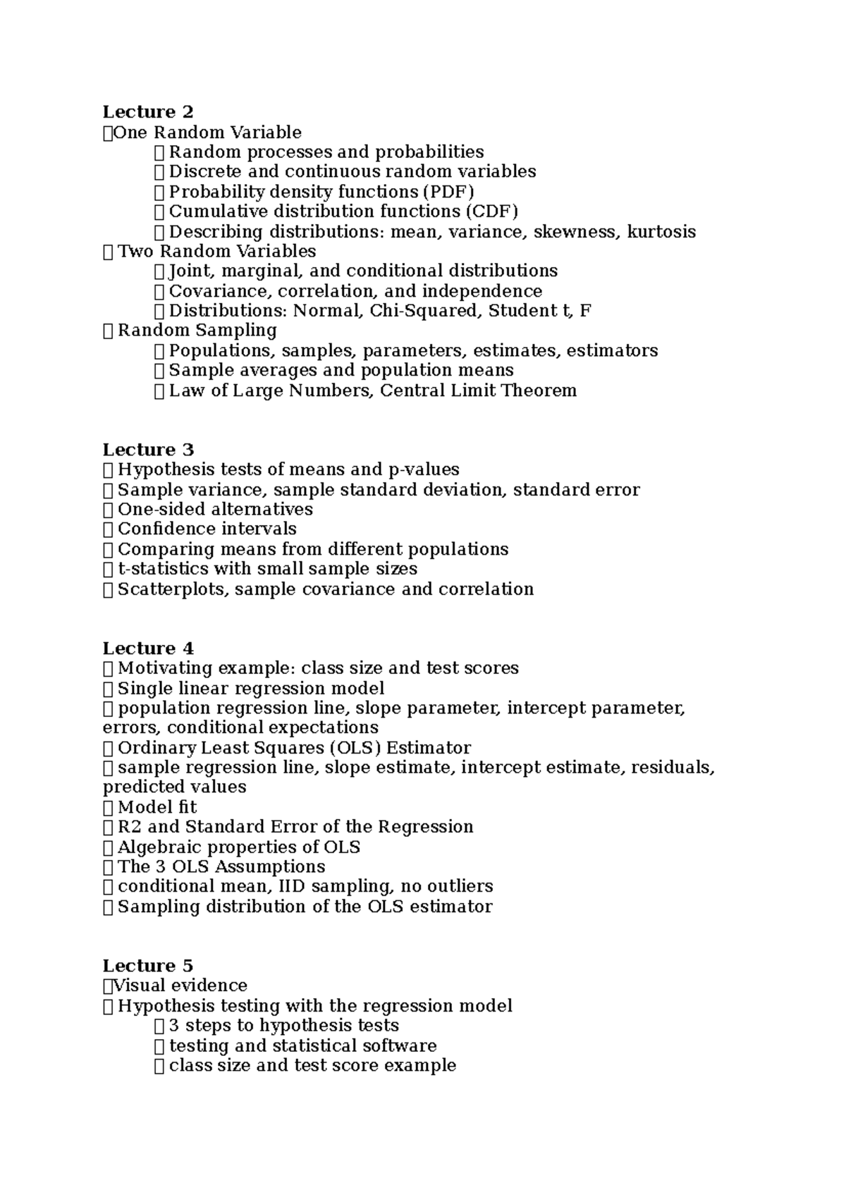 Econometrics Checklist - Lecture 2 􏰻One Random Variable 􏰻 Random processes and probabilities ...