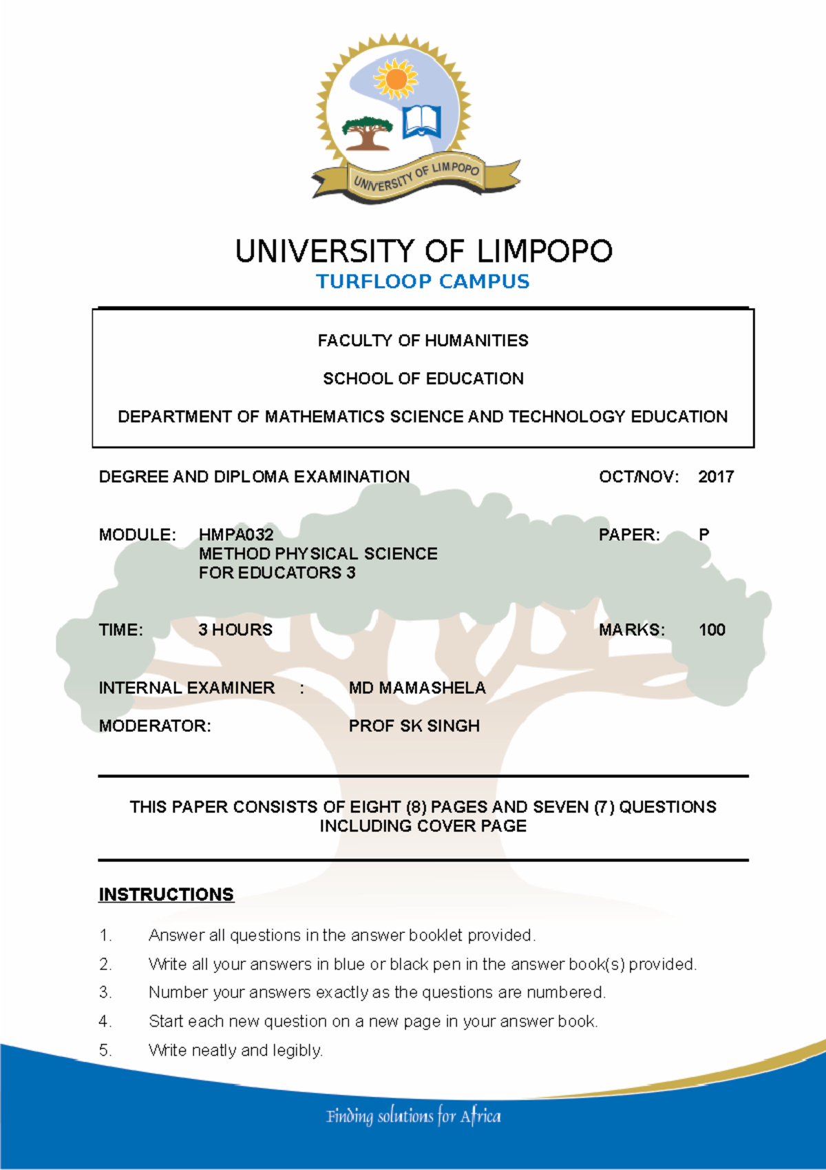 Exam 2017 - UNIVERSITY OF LIMPOPO TURFLOOP CAMPUS FACULTY OF HUMANITIES ...