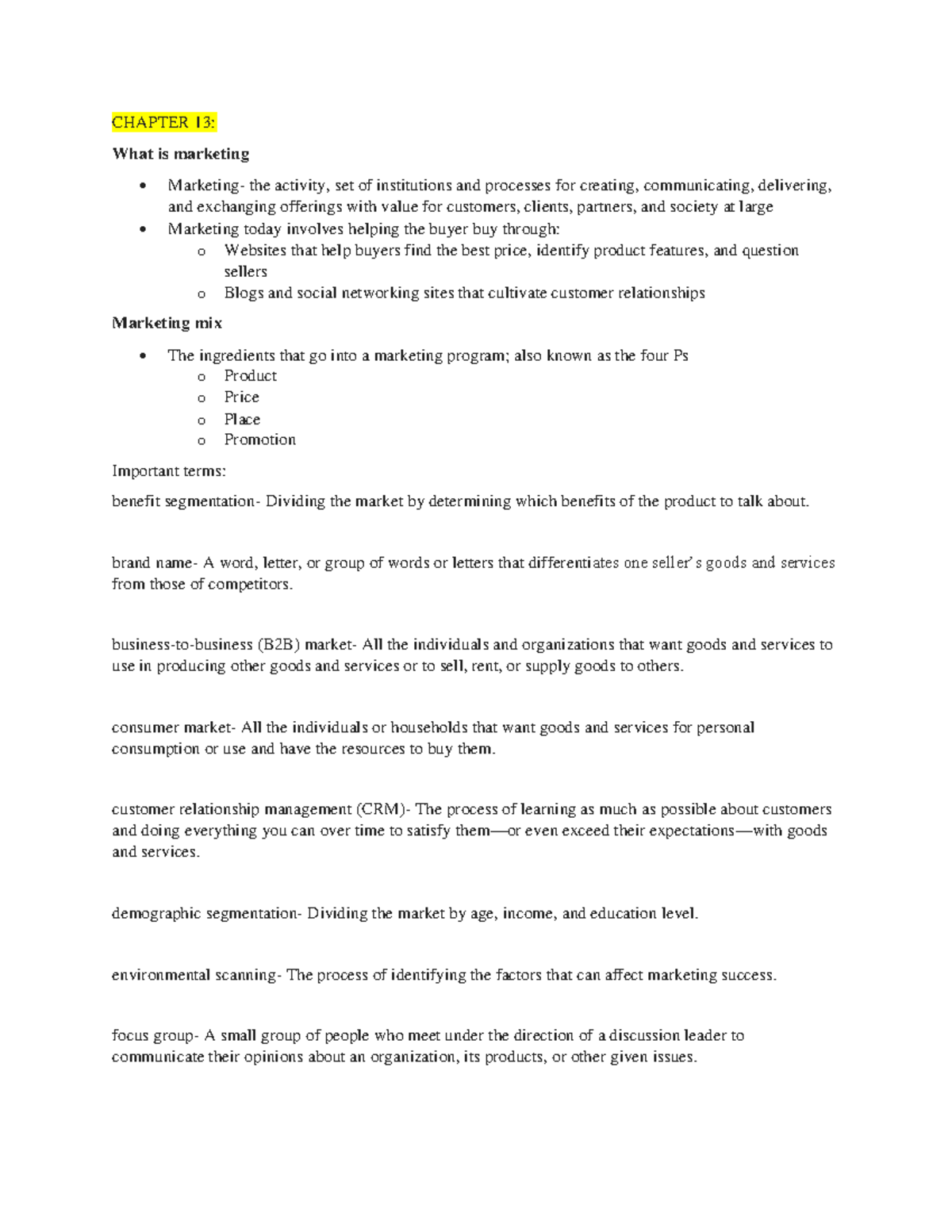 BUSN 101 Chapter 13 Notes - CHAPTER 13: What is marketing Marketing ...