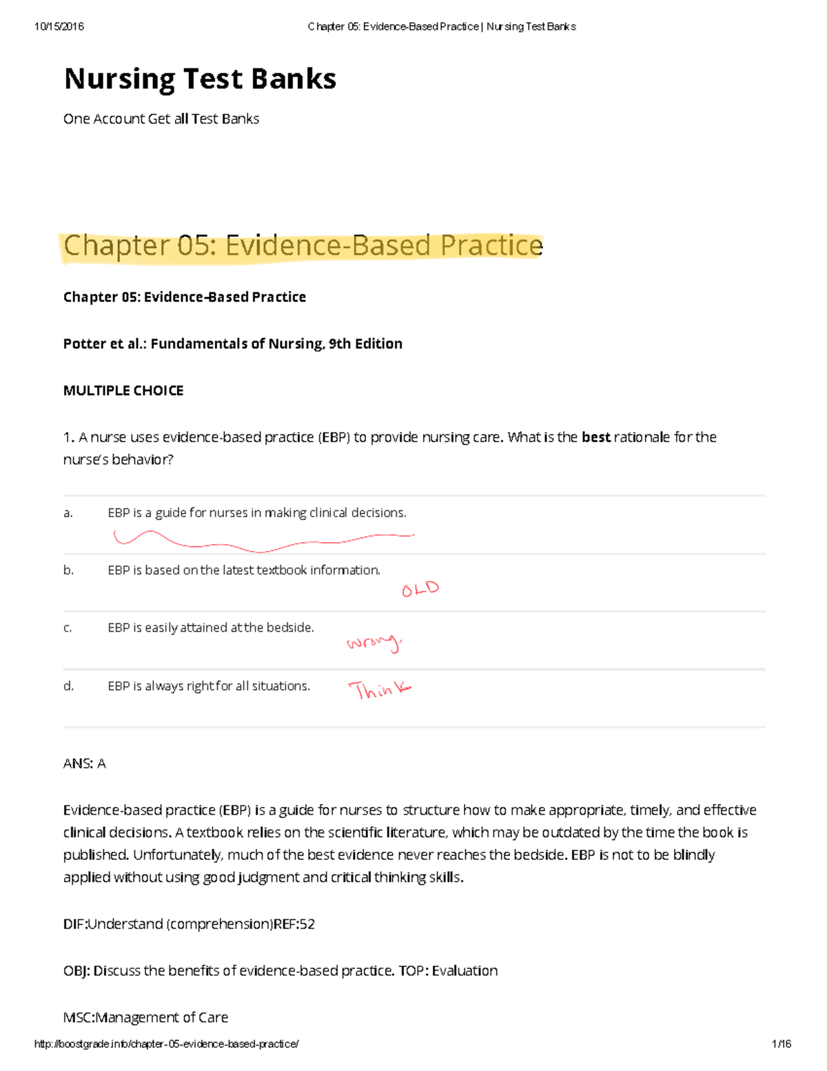 05 Evidence-Based Practice Nursing Test Banks - Nursing Test Banks One ...