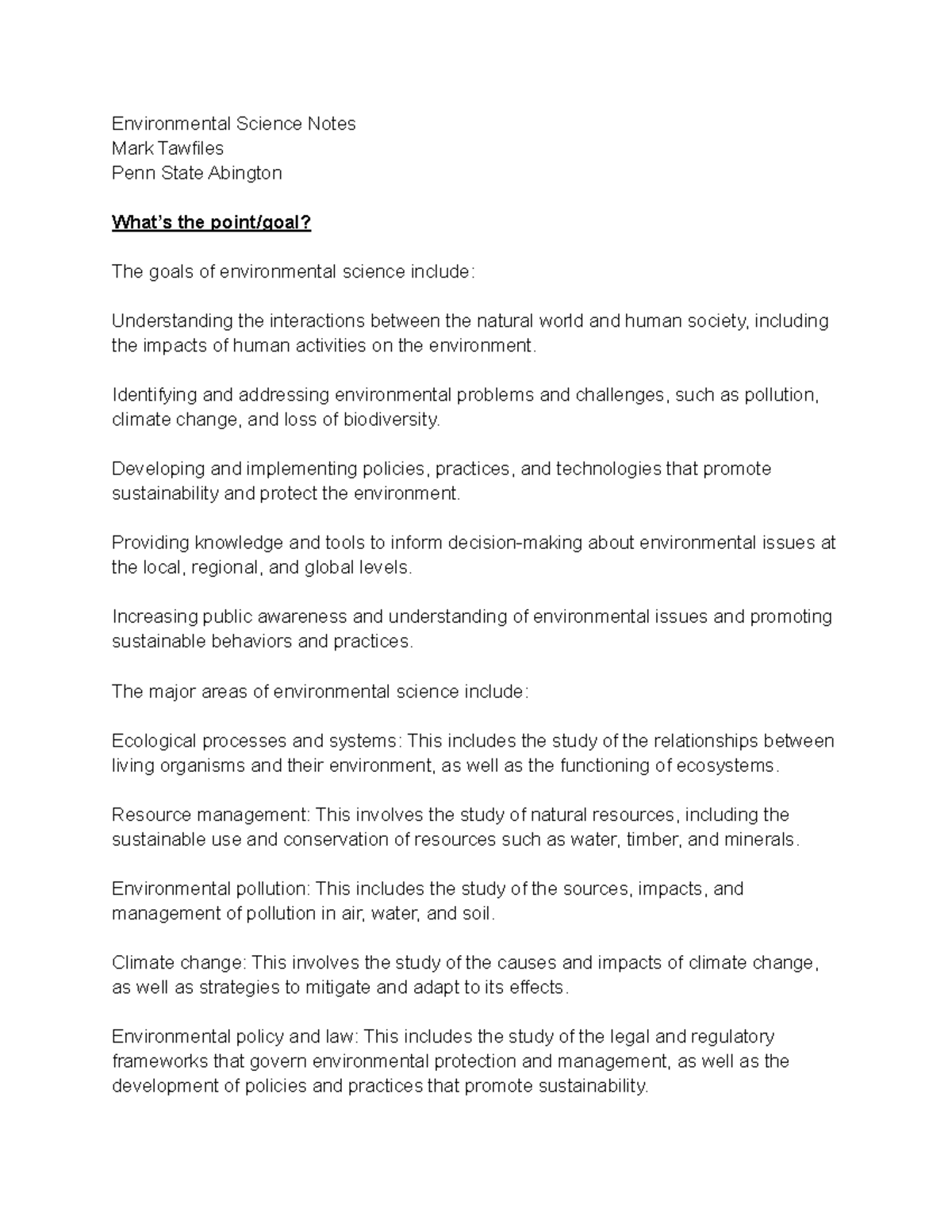 EVS Goal Notes - Environmental Science Notes Mark Tawfiles Penn State ...