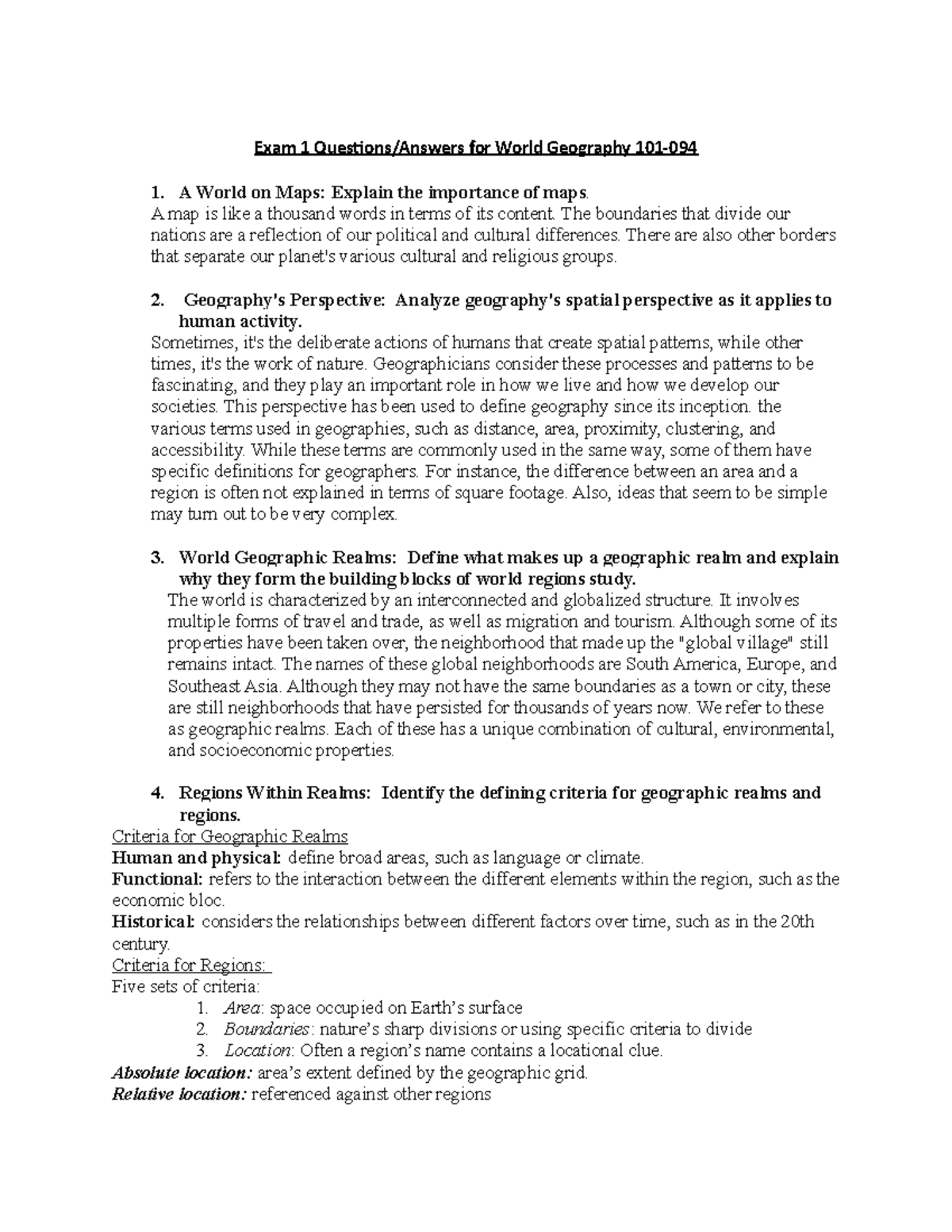 Exam 1 study guide for Geograpohy 101-094 - Exam 1 Questions/Answers ...