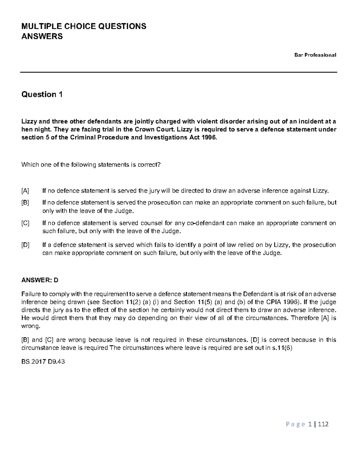 Criminal - MCQ 200 Page (City Law School) - MULTIPLE CHOICE QUESTIONS ...