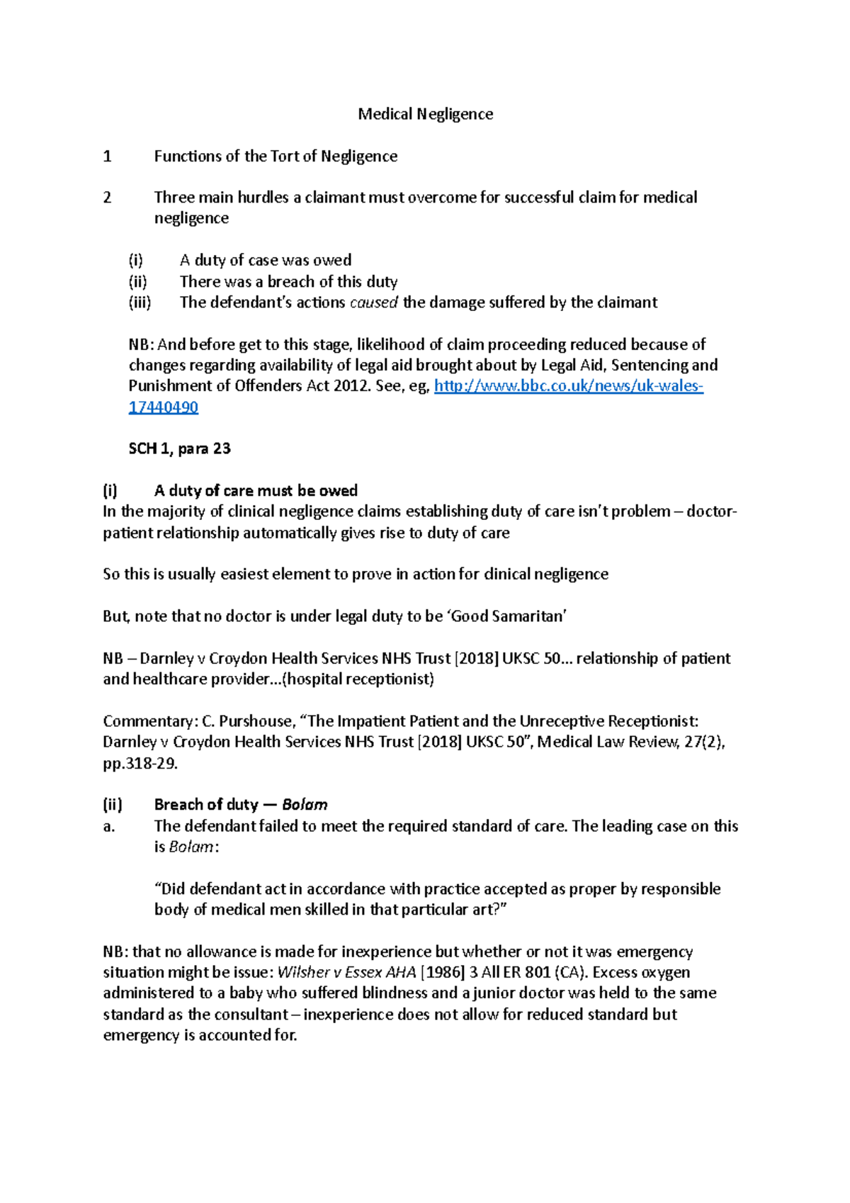 Medical Negligence lecture - Medical Negligence 1 Functions of the Tort ...