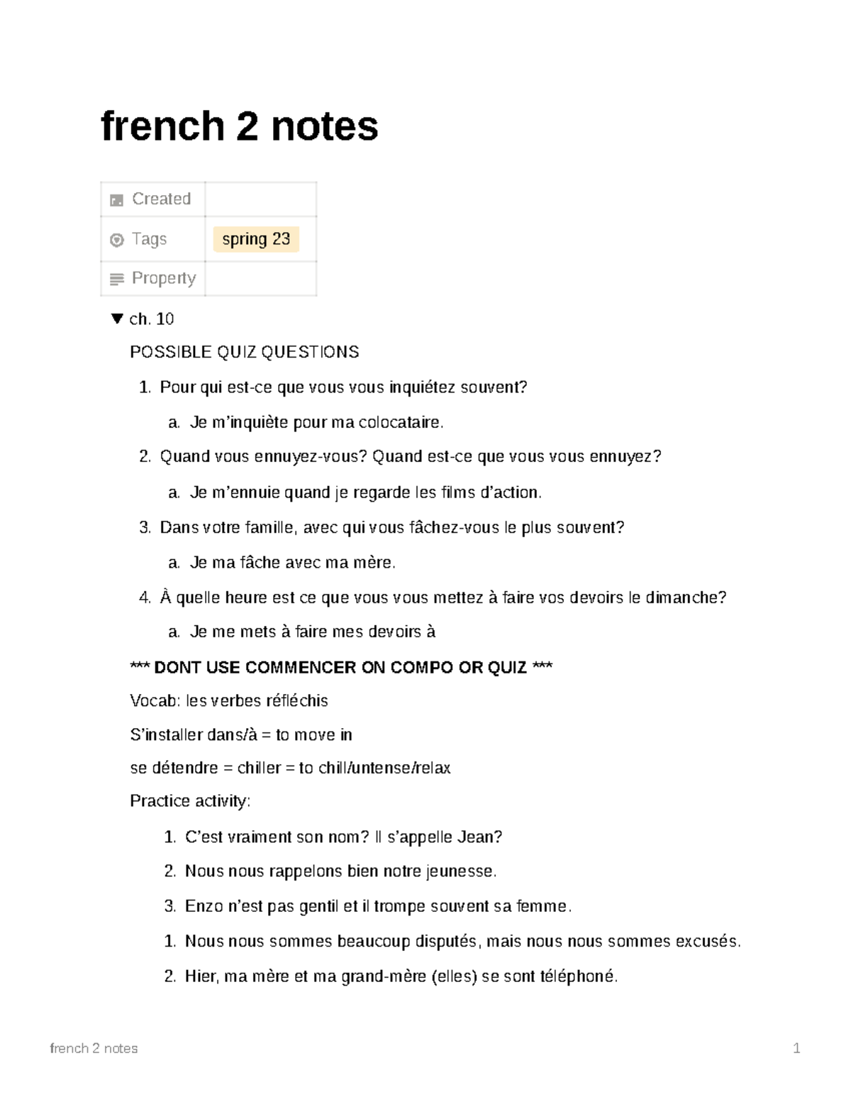 French 2 notes - french 2 notes Created Tags spring 23 Property ch. 10 ...