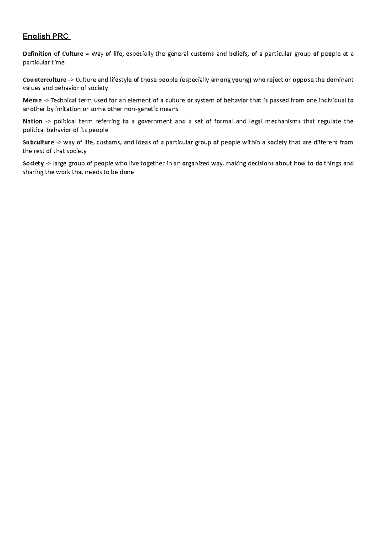 PRC II - Overview of Culture Theories - English PRC Definition of ...