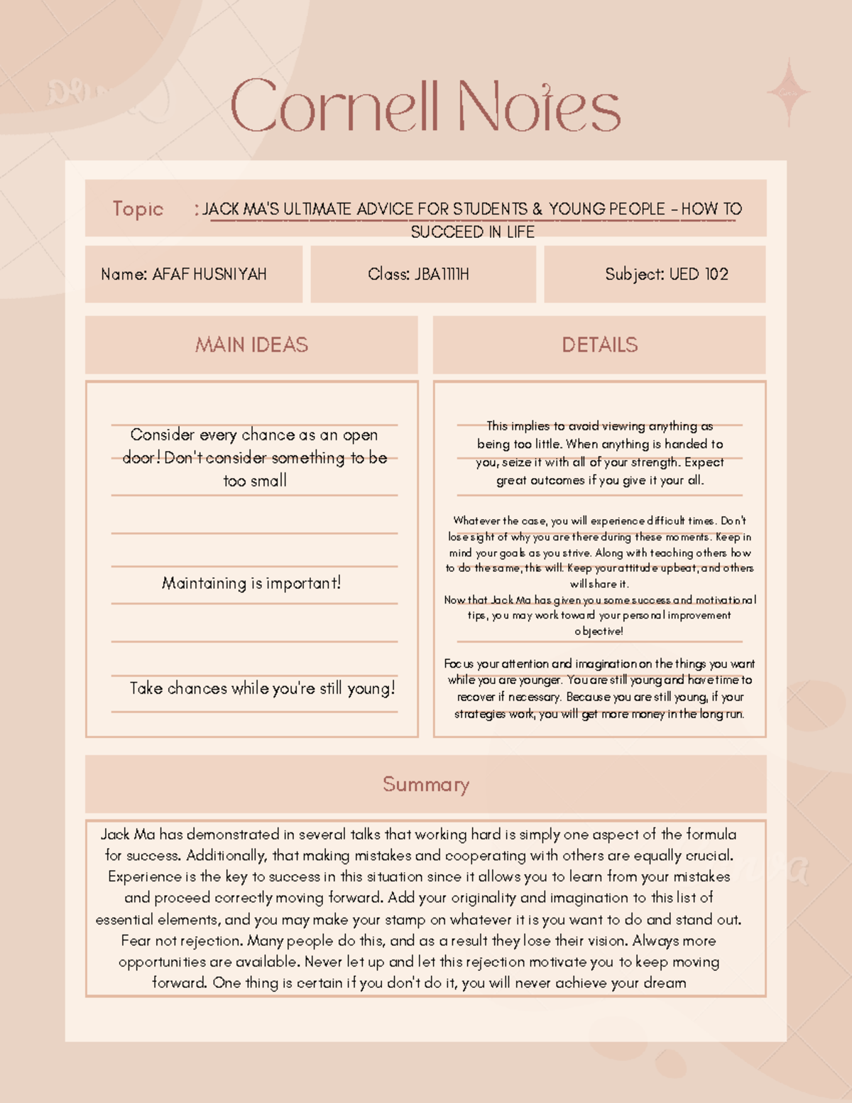 Lecture Cornell Notes - Topic : Cornell Notes MAIN IDEAS Summary ...