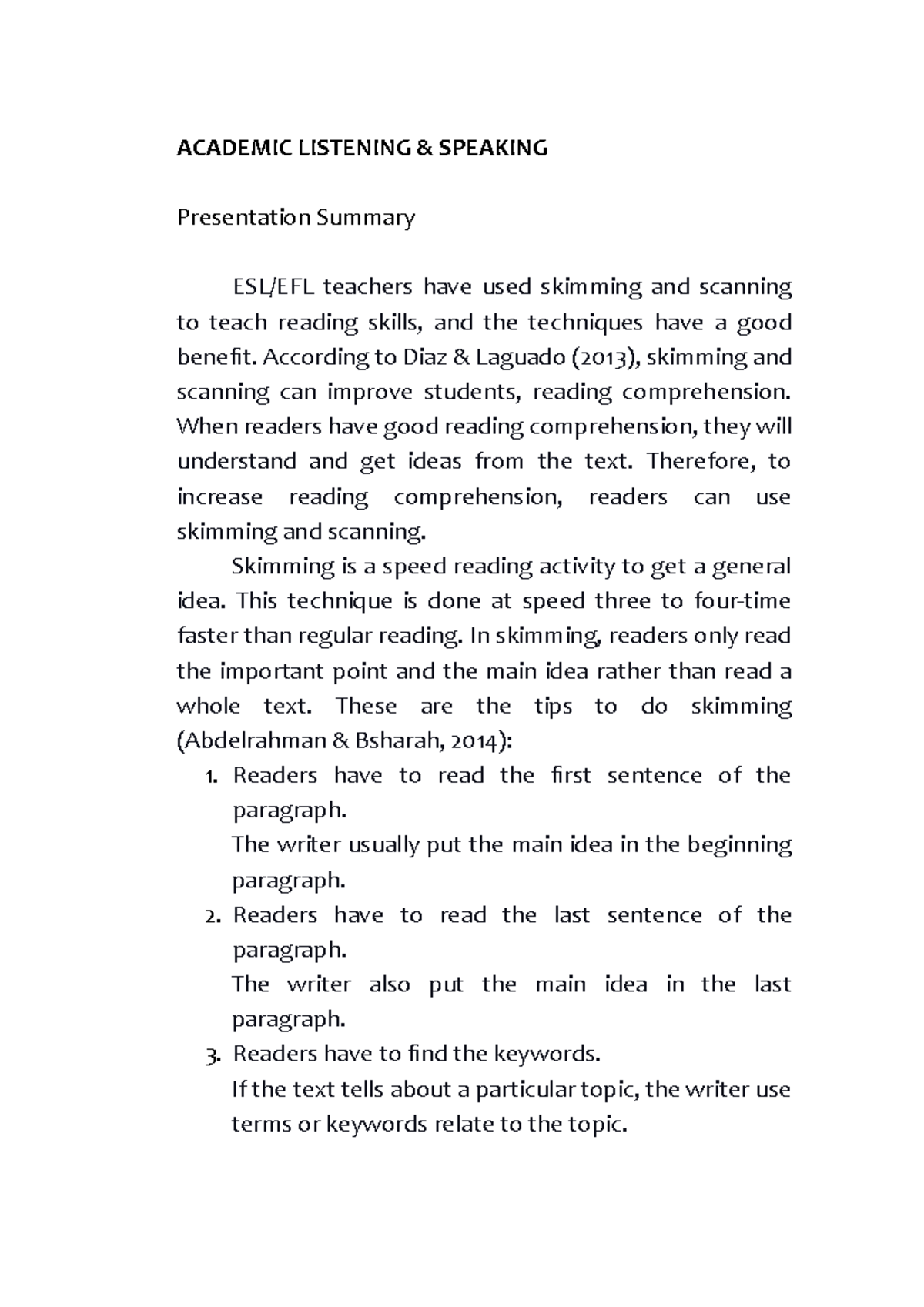 Assignment ALS Sum - Summary of ALS - ACADEMIC LISTENING & SPEAKING ...