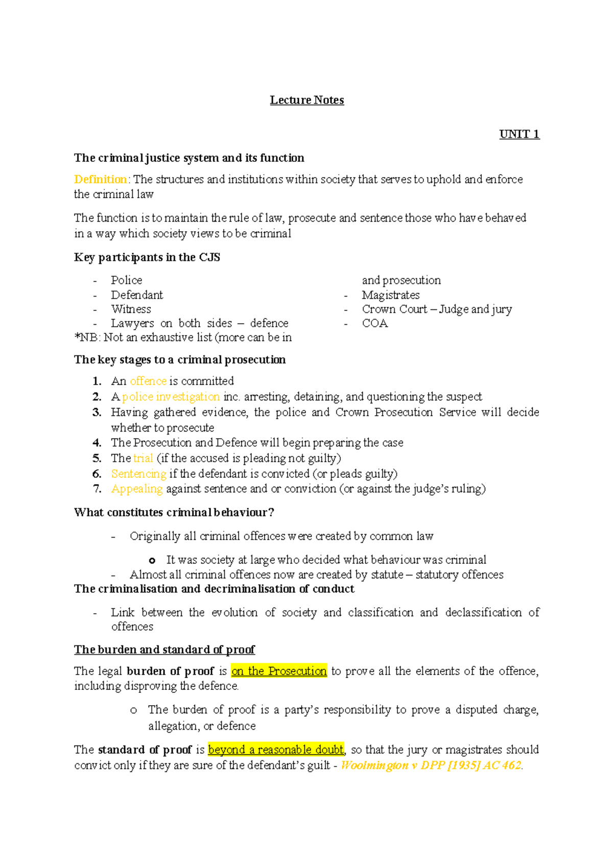Criminal Lecture Notes - Lecture Notes UNIT 1 The criminal justice ...