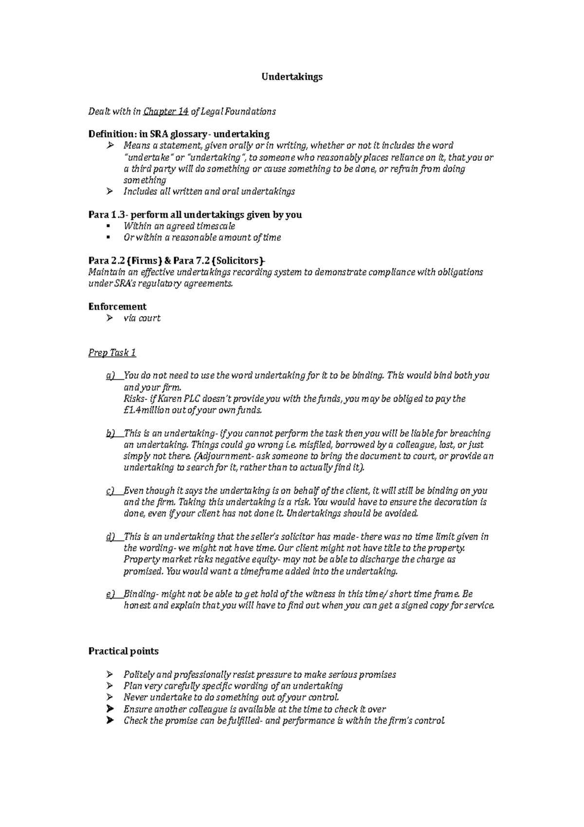 Undertakings and Prep Task 1 - Undertakings Dealt with in Chapter 14 of ...