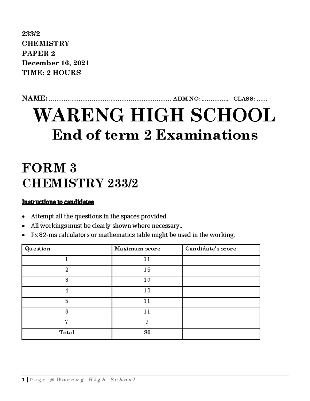 Form 3 Chem pp2 END term 2 Exam 2021 real - 1 | P a g e @ W a r e n g H ...