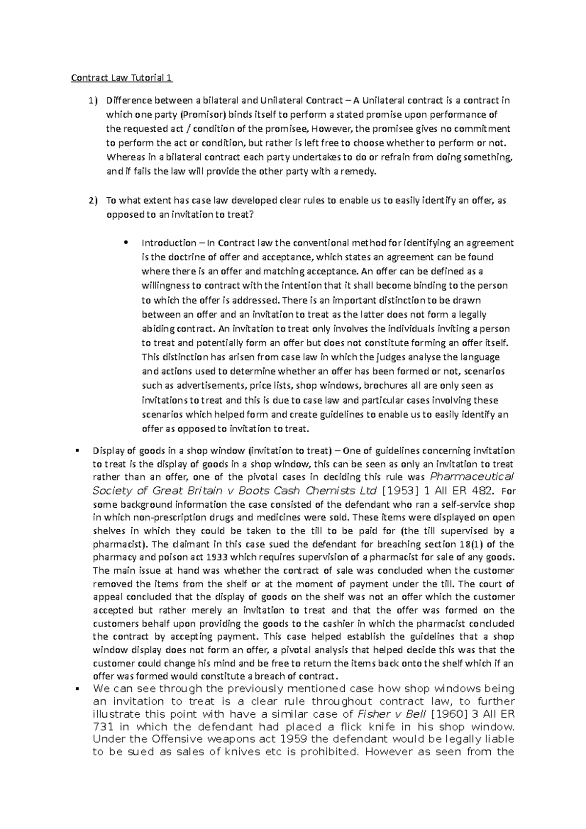 Contract Law Tutorial 1 - Whereas in a bilateral contract each party undertakes to do or refrain ...