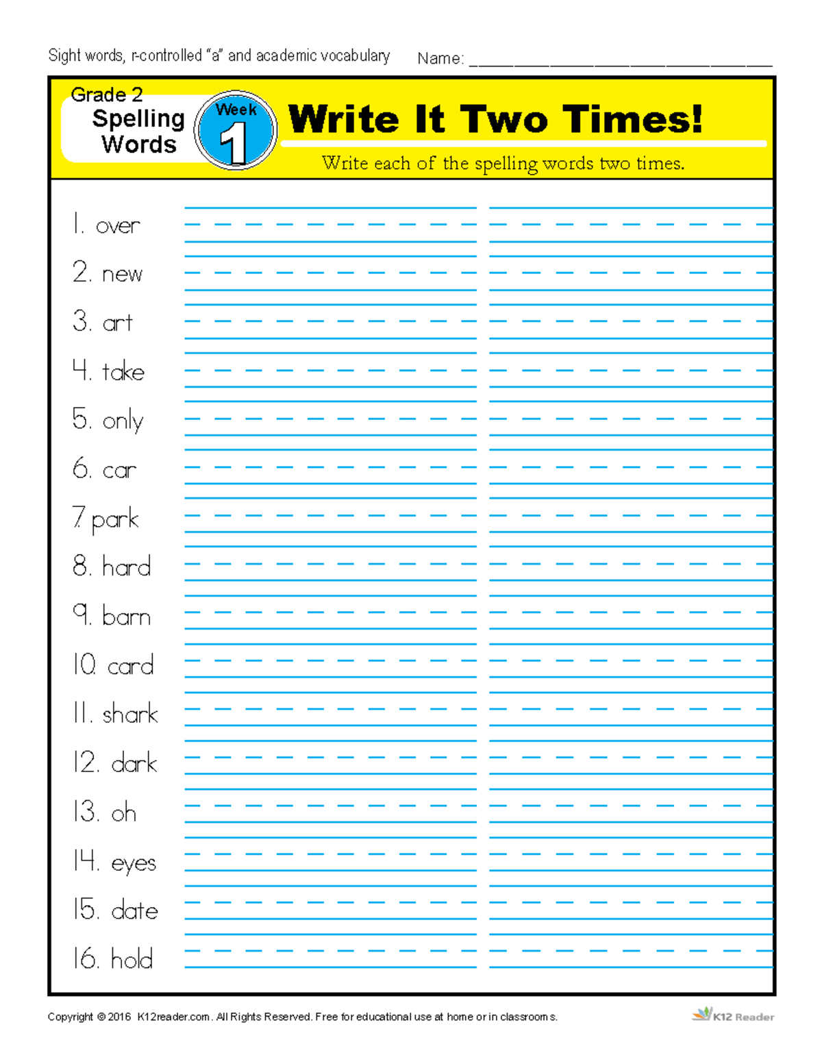 2nd grade spelling words week 1 - Grade 2 Spelling Words Write It Two ...