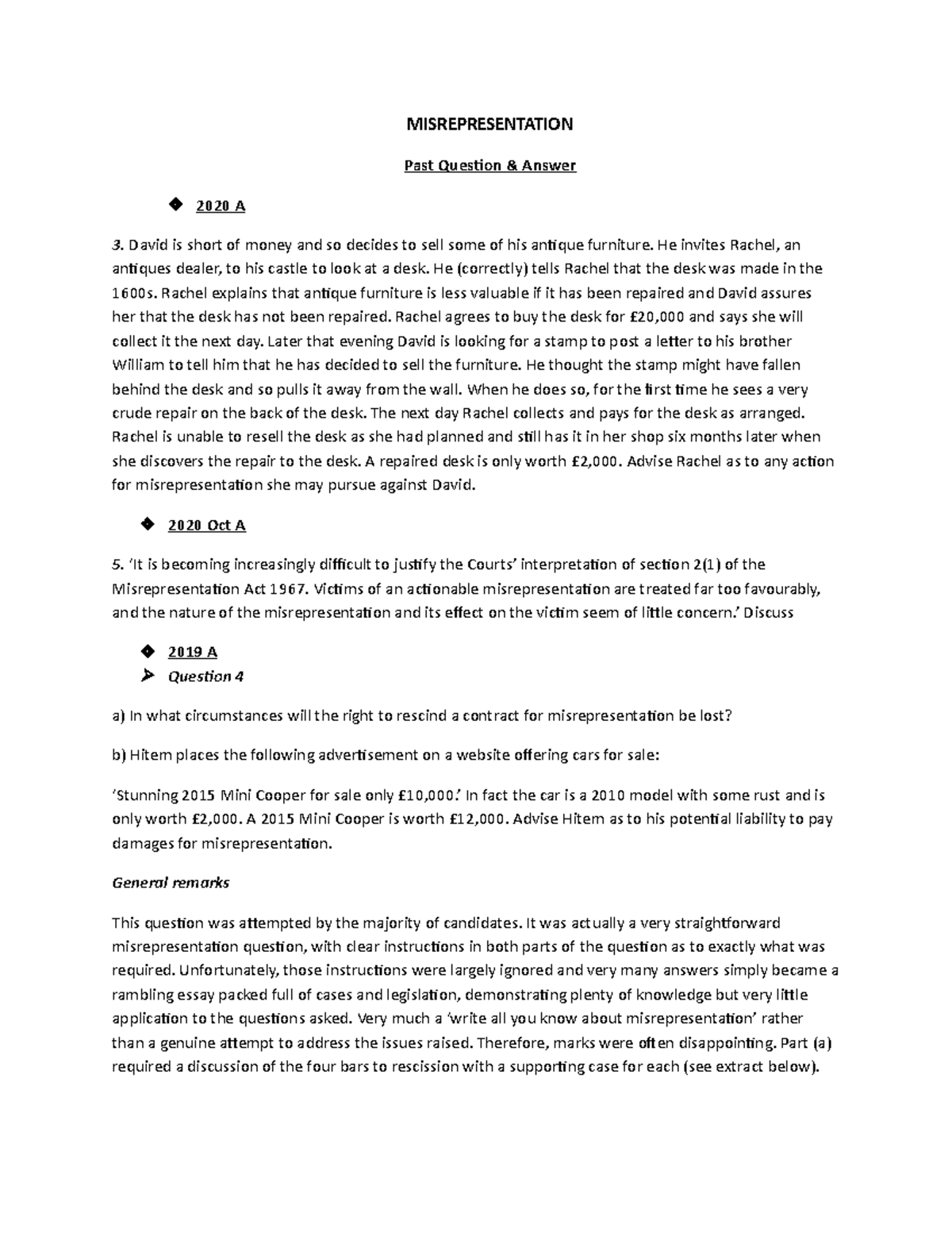 Misrepresentation Past Q A - MISREPRESENTATION Past Question & Answer 2020 A 3. David is short ...