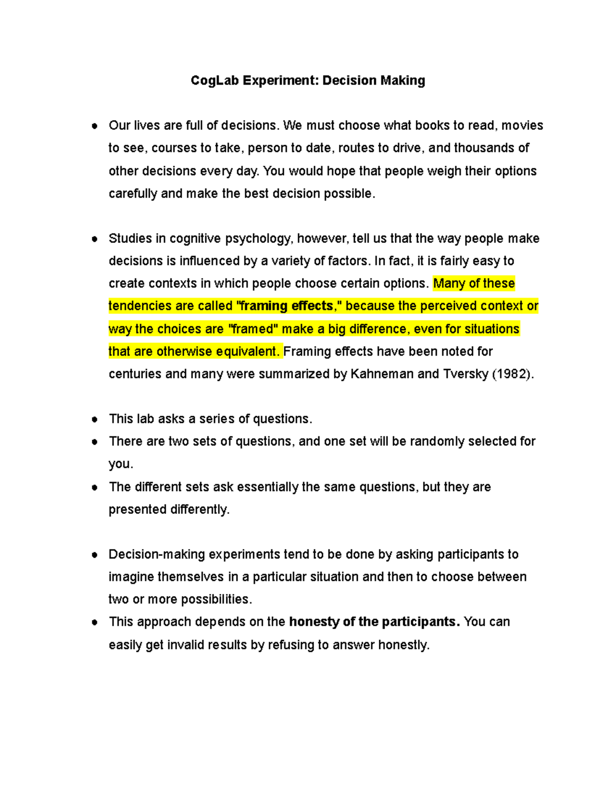 Cog Lab: Decision Making - CogLab Experiment: Decision Making Our lives ...