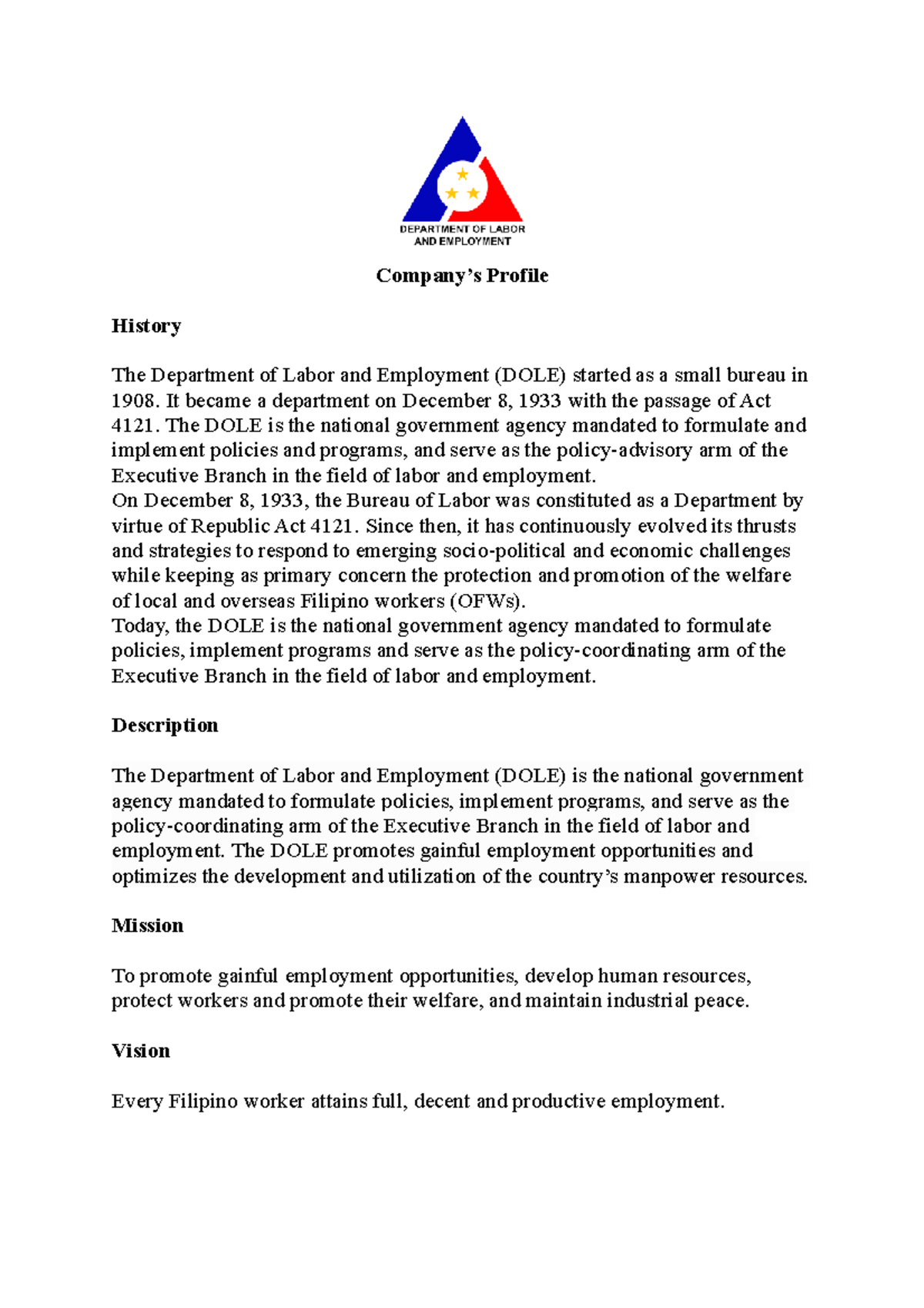 Company's Profile - Company’s Profile History The Department of Labor ...