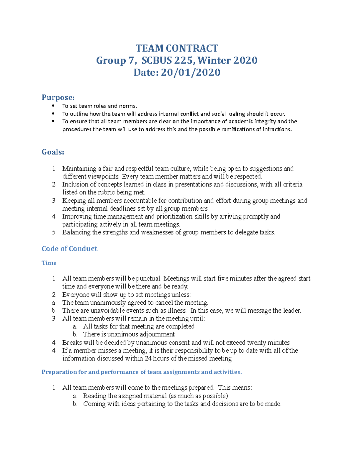 TEAM Contract - TEAM CONTRACT Group 7, SCBUS 225, Winter 2020 Date: 20 ...