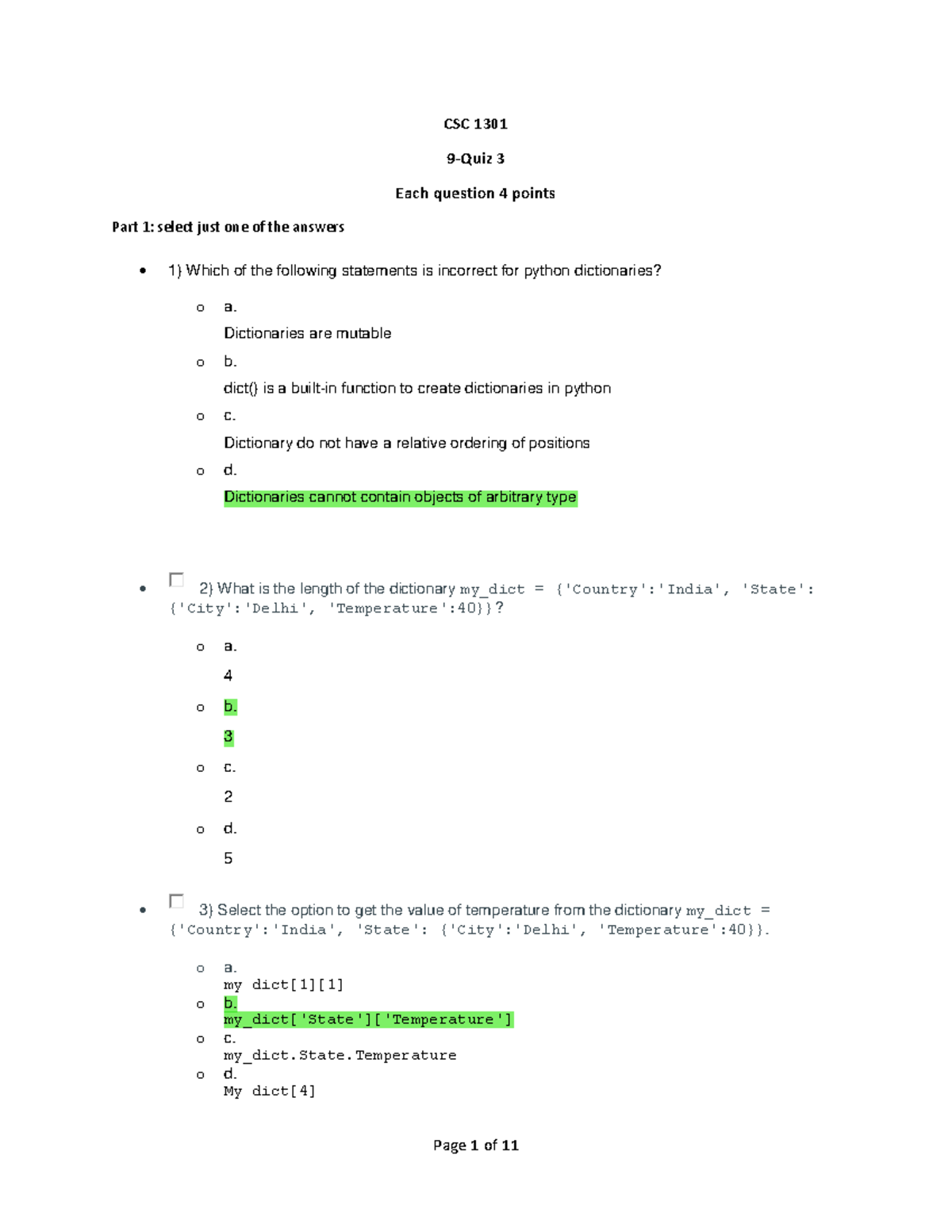 Quiz 3 - students - CSC 1301 9-Quiz 3 Each question 4 points Part 1: select just one of the ...