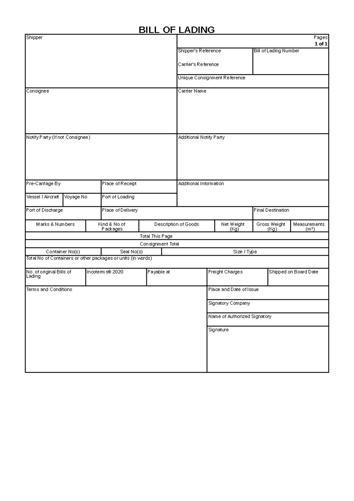 Bill of Lading - ... - BILL OF LADING Shipper Pages 1 of 1 Shipper's ...