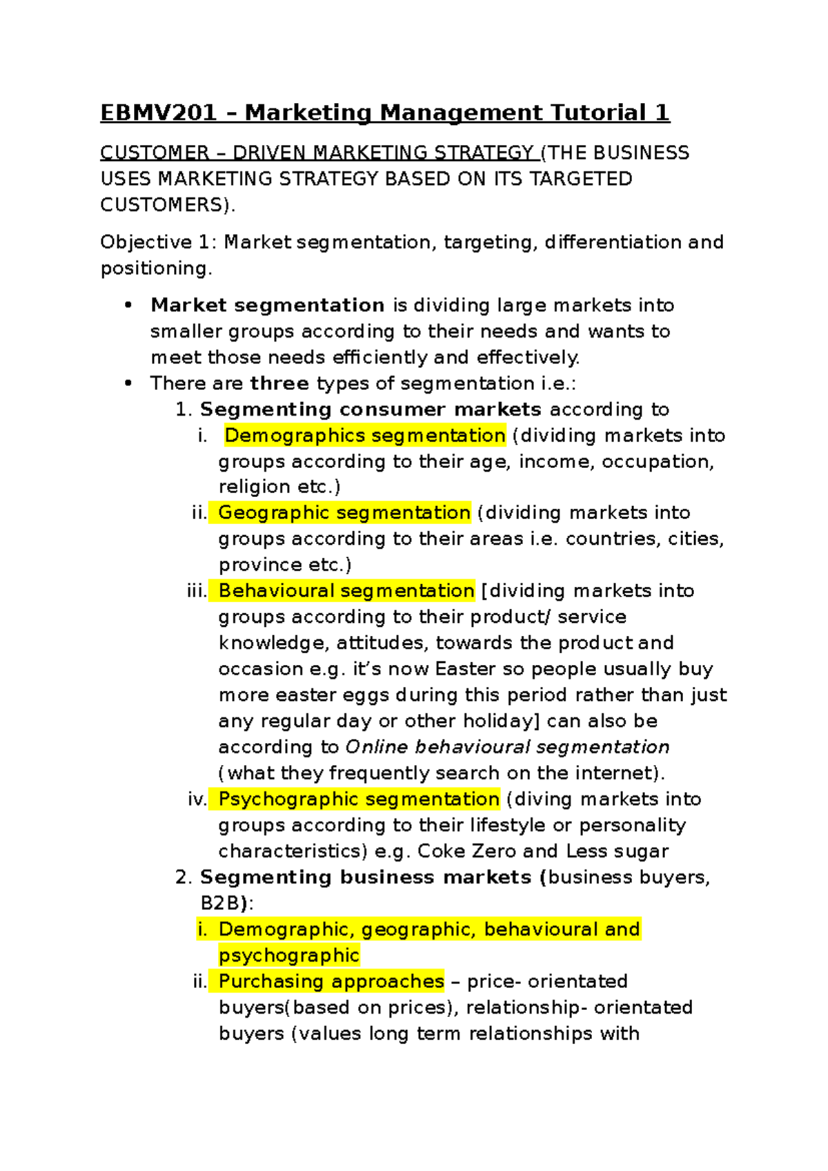 Tutorial Session 1 (chapter 7) Notes - EBMV201 – Marketing Management ...