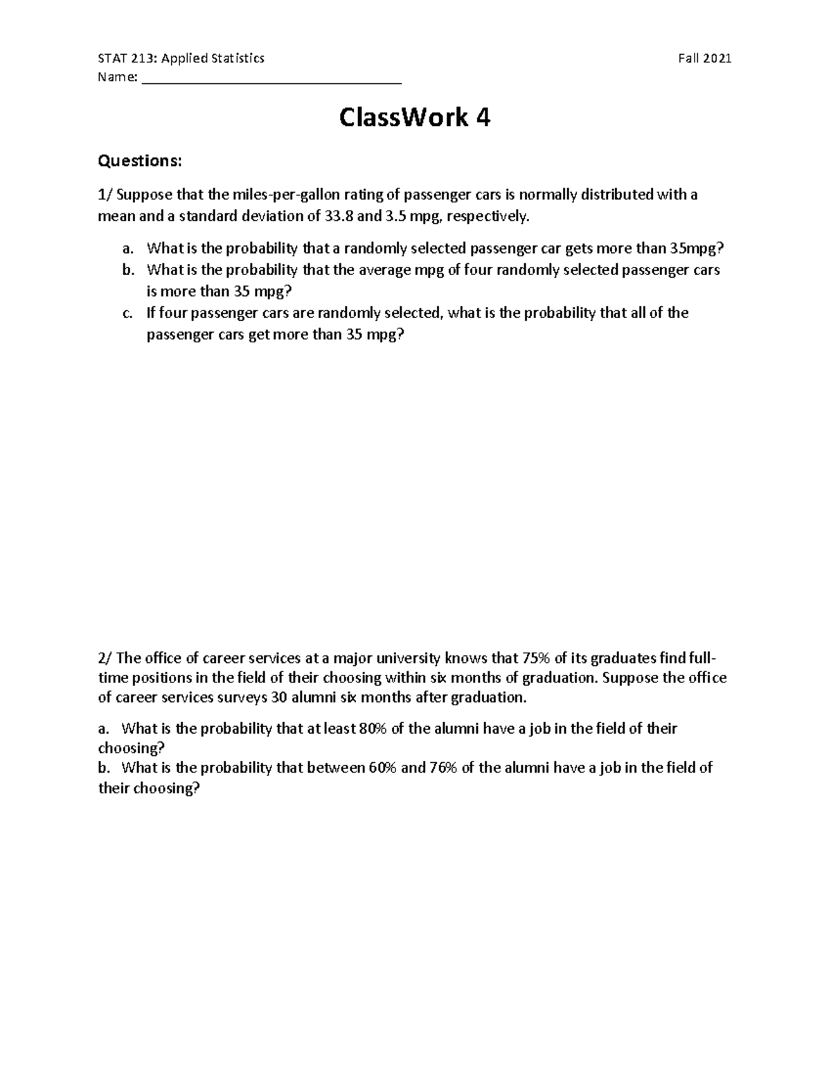 Classwork 4 Stats 213, regarding z scores - STAT 213 - Hunter College ...