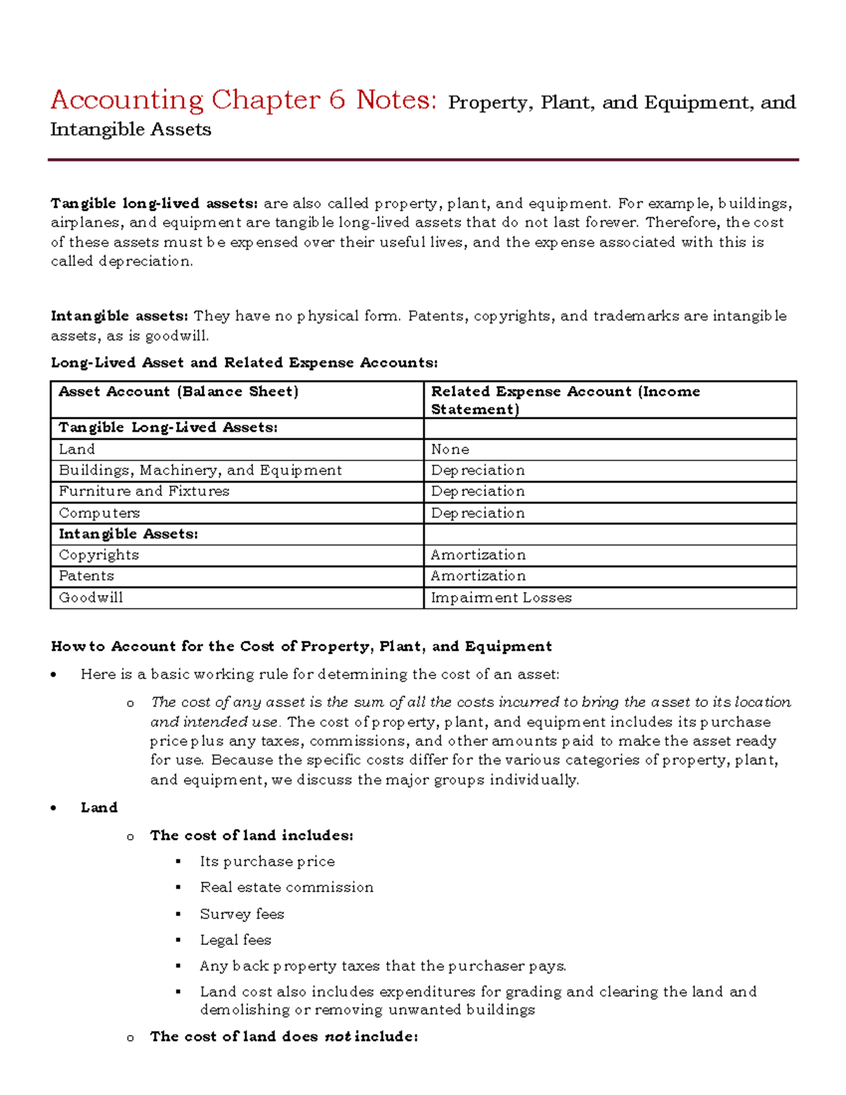 Accounting chap 6 notes - Accounting Chapter 6 Notes: Property, Plant ...