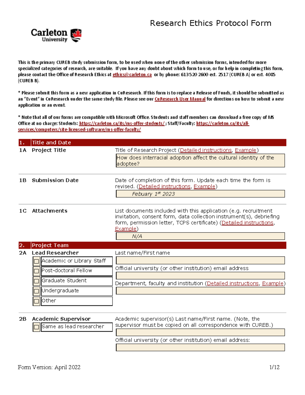 Ethics form 1 - Research Ethics Protocol Form This is the primary CUREB ...