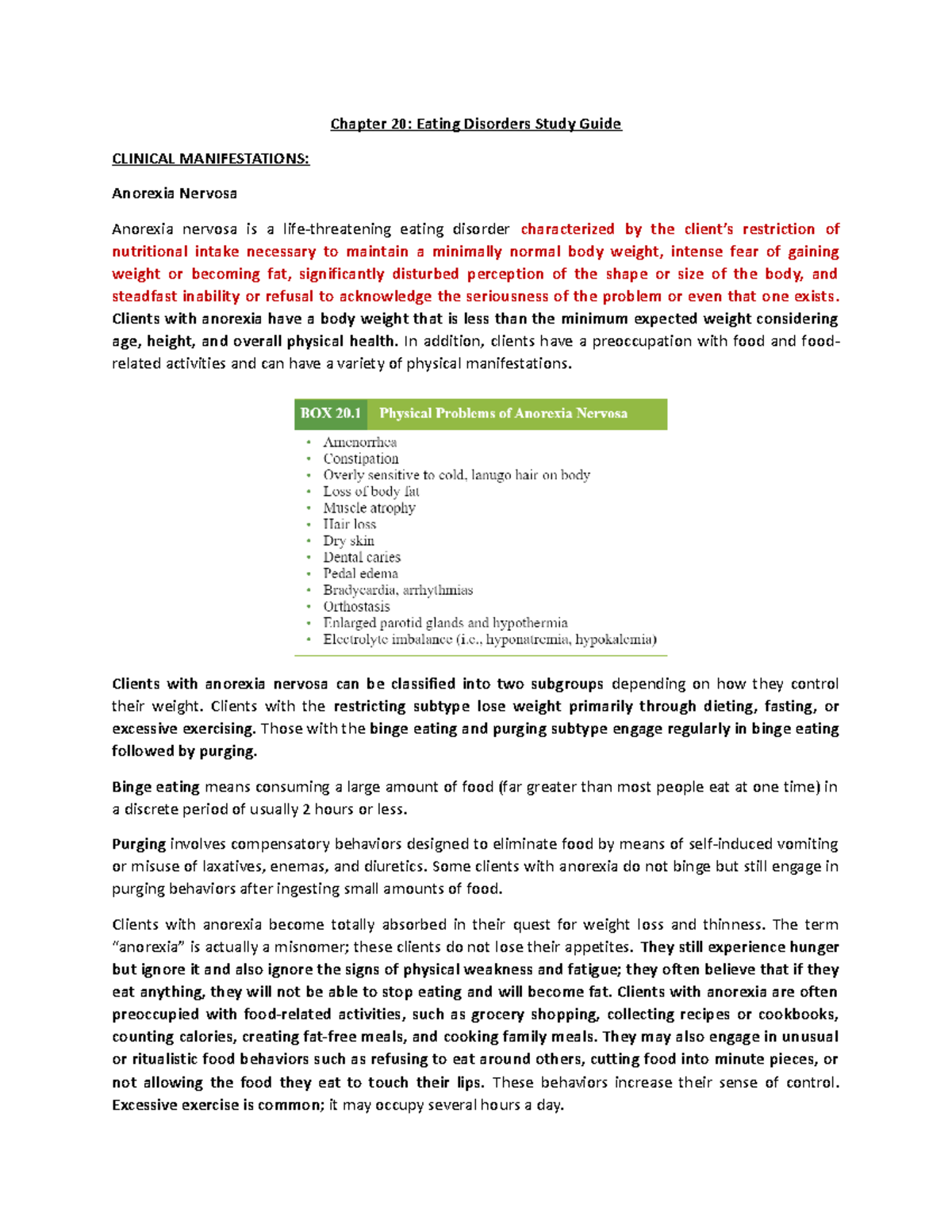 Chapter 20 - Eating Disorders Study Guide - Chapter 20: Eating ...