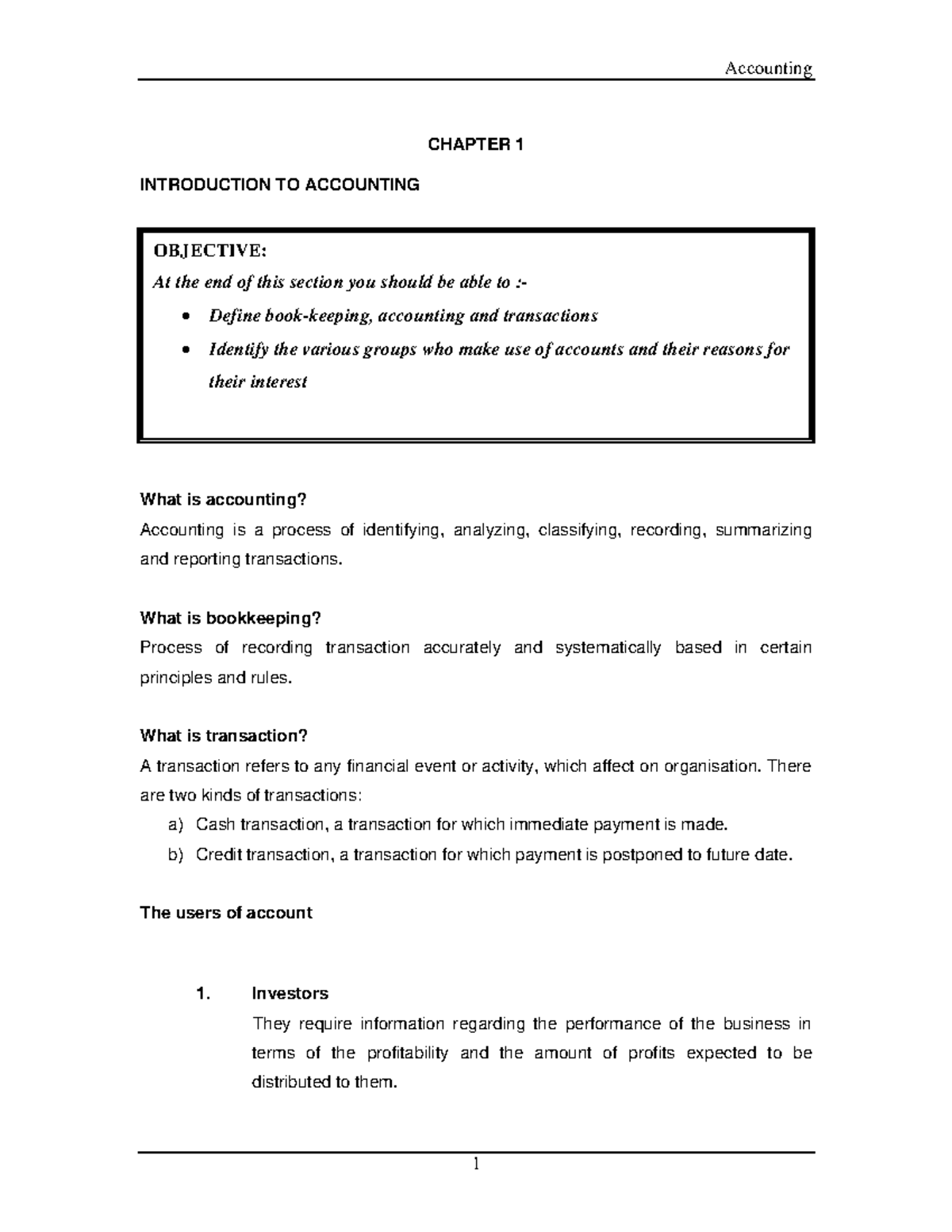 Accounting Module. MIIT. Uni KL - CHAPTER 1 INTRODUCTION TO ACCOUNTING ...