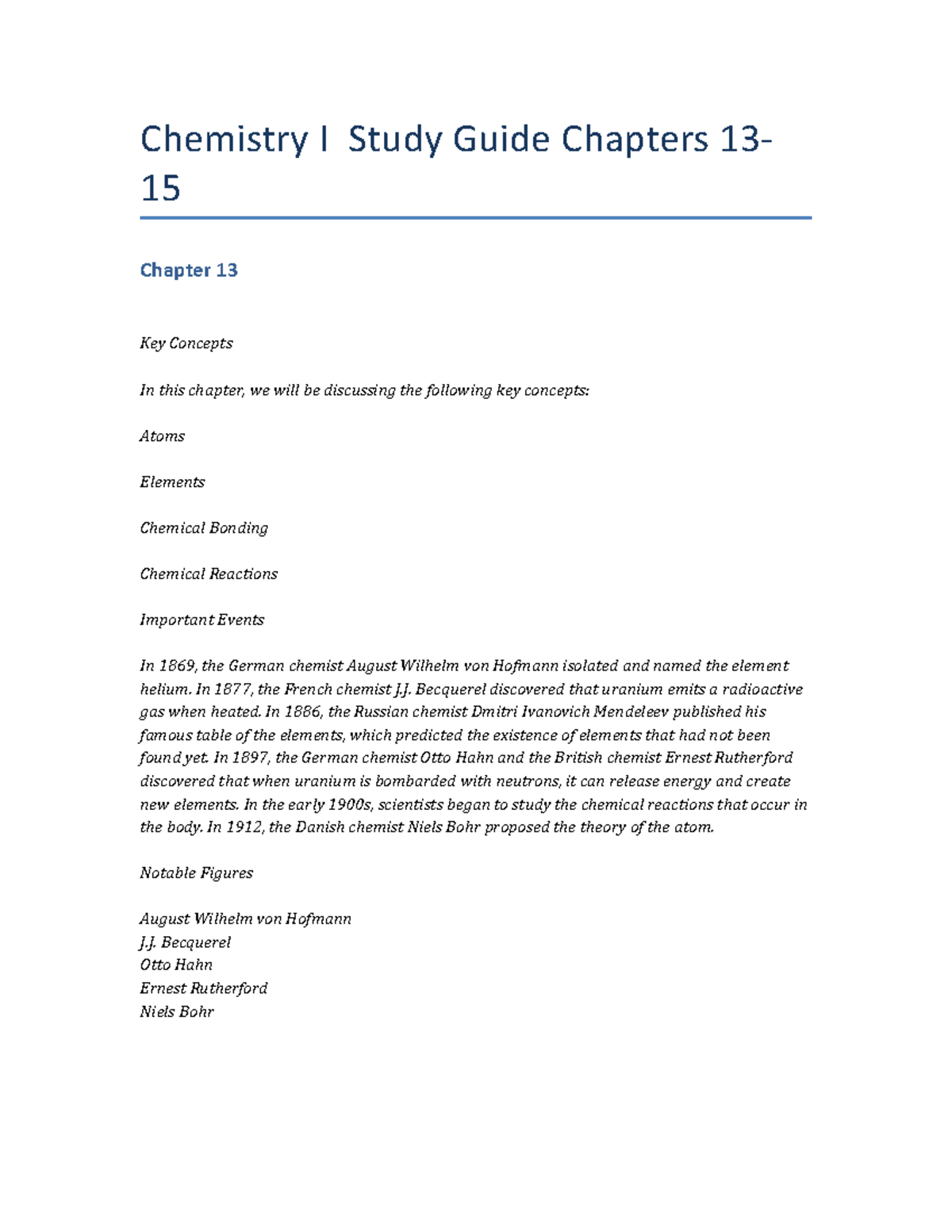 Chemistry I Study Guide Chapters 13-15 - Chemistry I Study Guide ...