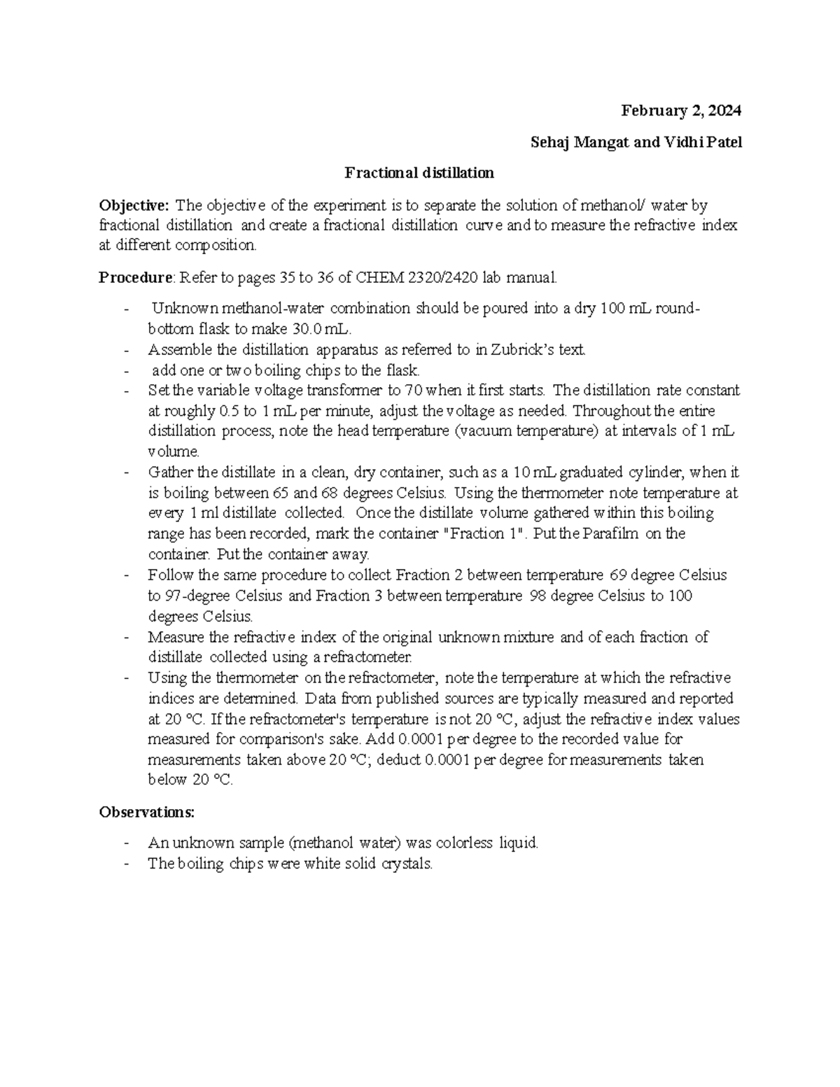Fractional distillation lab report - February 2, 2024 Sehaj Mangat and ...