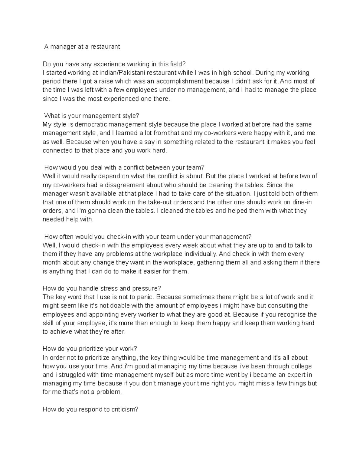 Business Hw 3 Howmework Assignment For Bus 101 A Manager At A Restaurant Do You Have Any