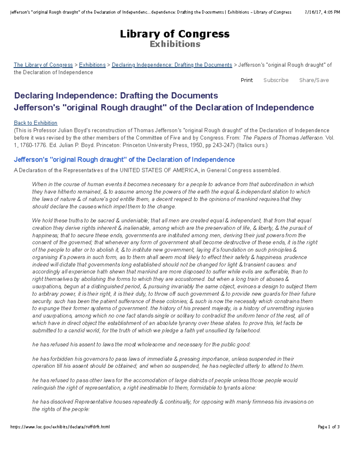 Jefferson’s “original Rough draught” of the Declaration of Independence ...