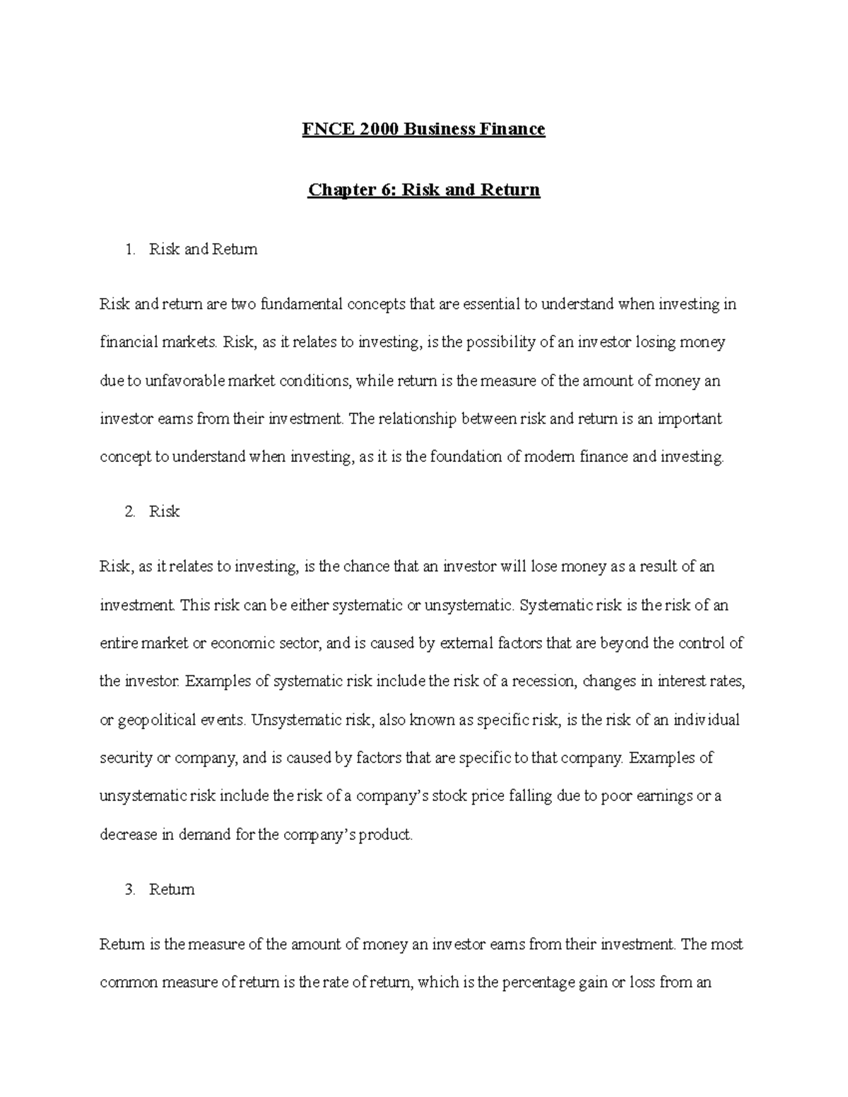 Chapter 6- Risk and Return - FNCE 2000 Business Finance Chapter 6: Risk and Return Risk and ...